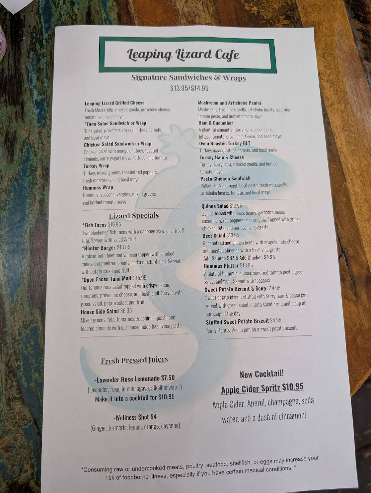 Menu at Leaping Lizard Cafe, Virginia Beach, Shore Dr