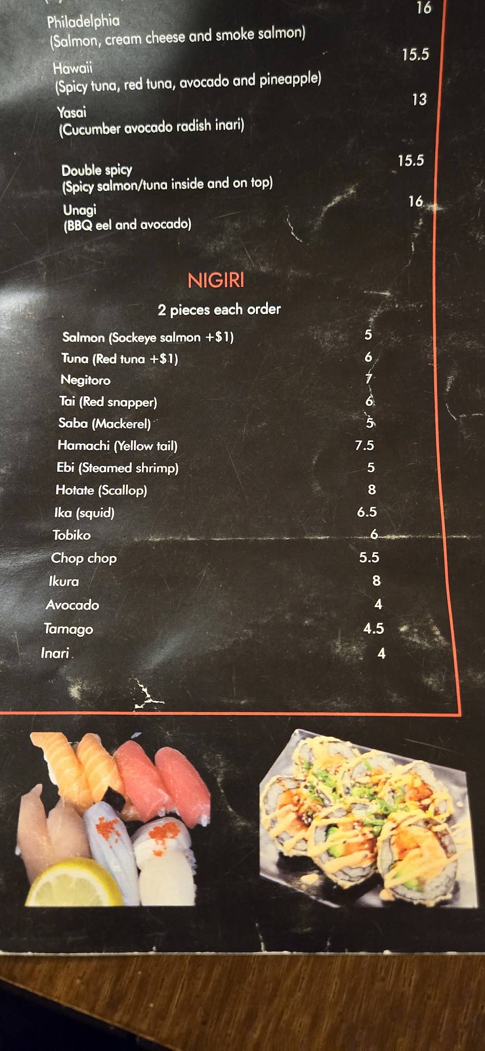 Menu at Hanako Sushi restaurant, Canada