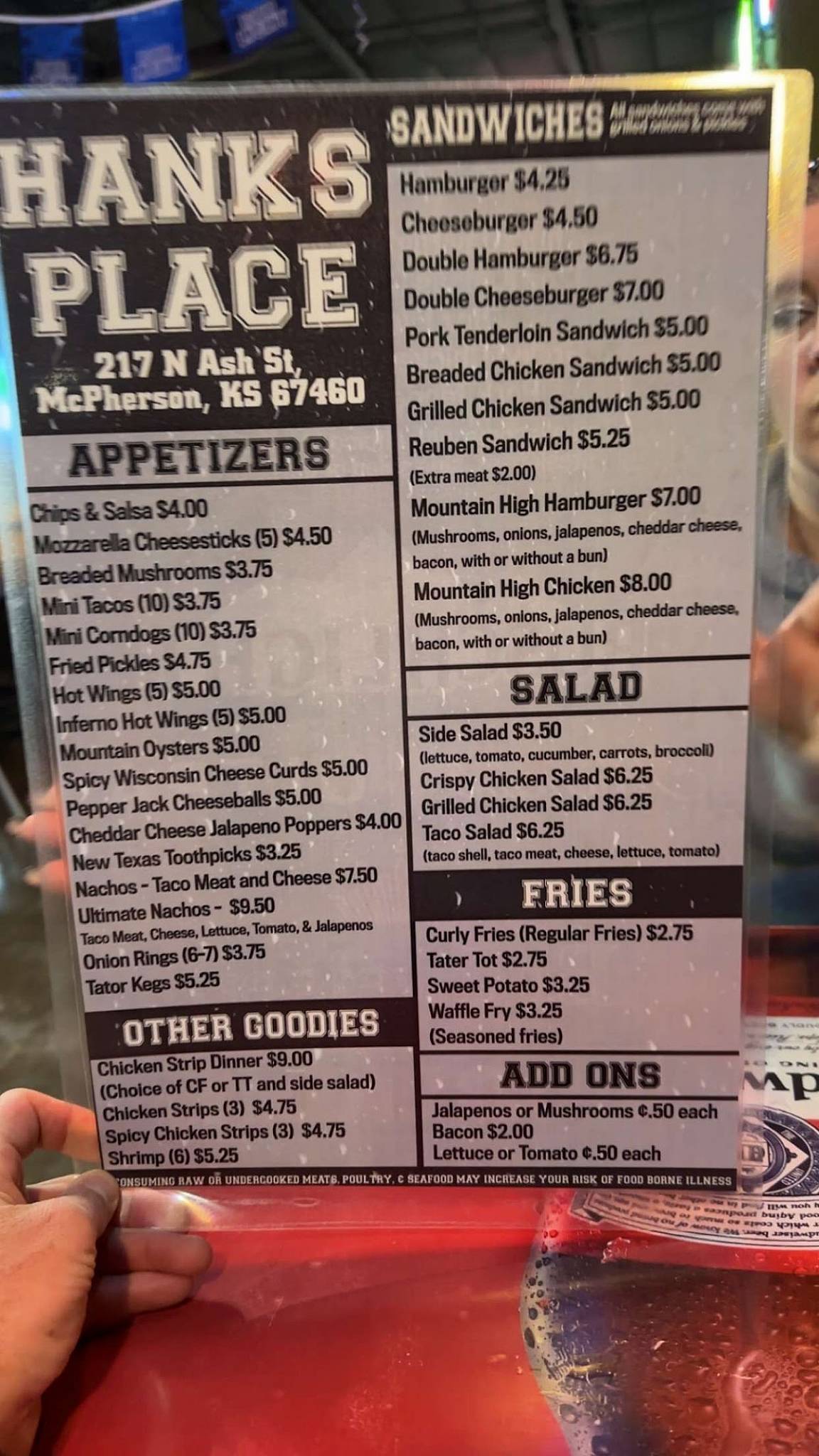 Menu at Hank's Place restaurant, McPherson