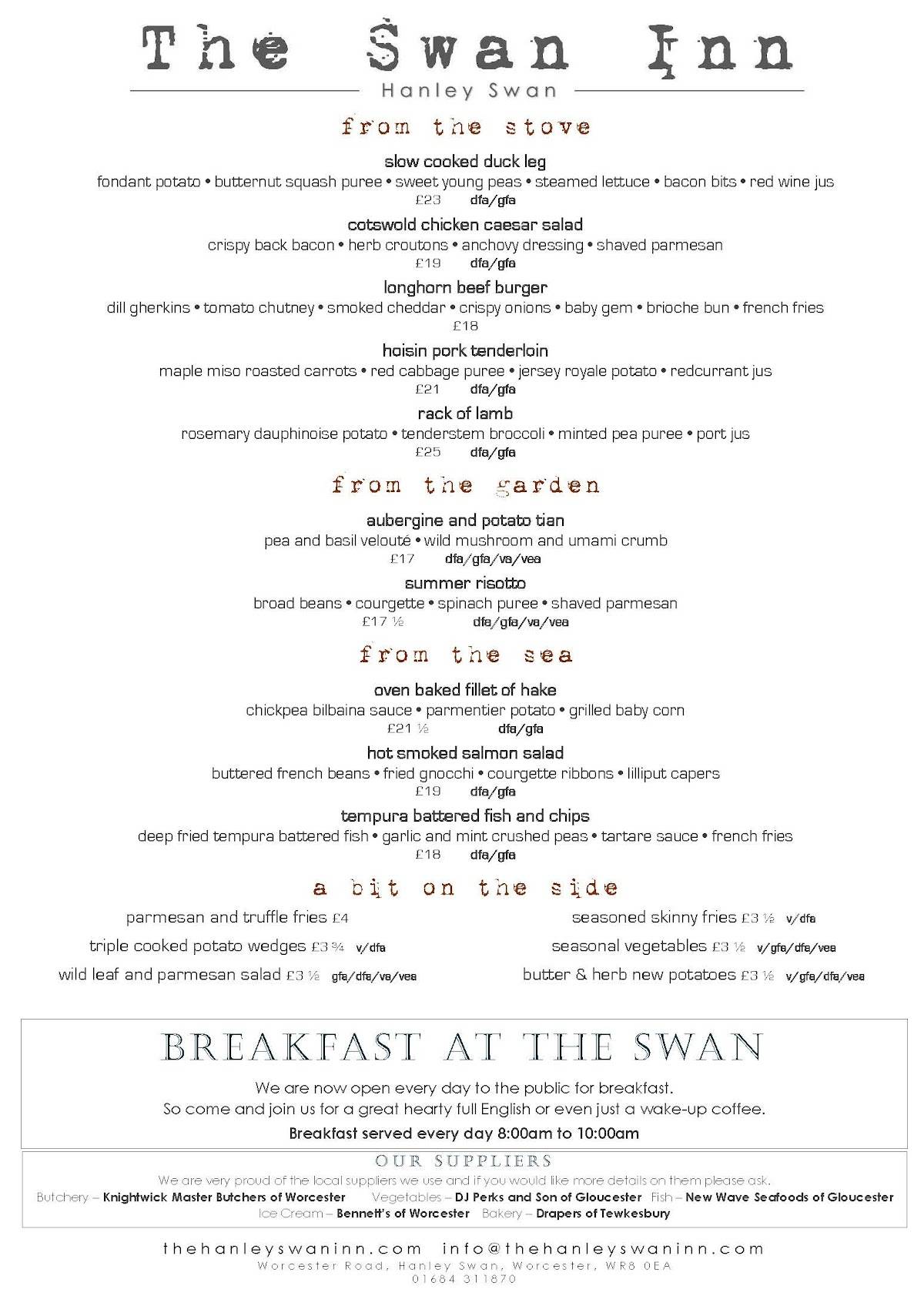 Menu at The Swan Inn pub & bar, Hanley Swan, Road