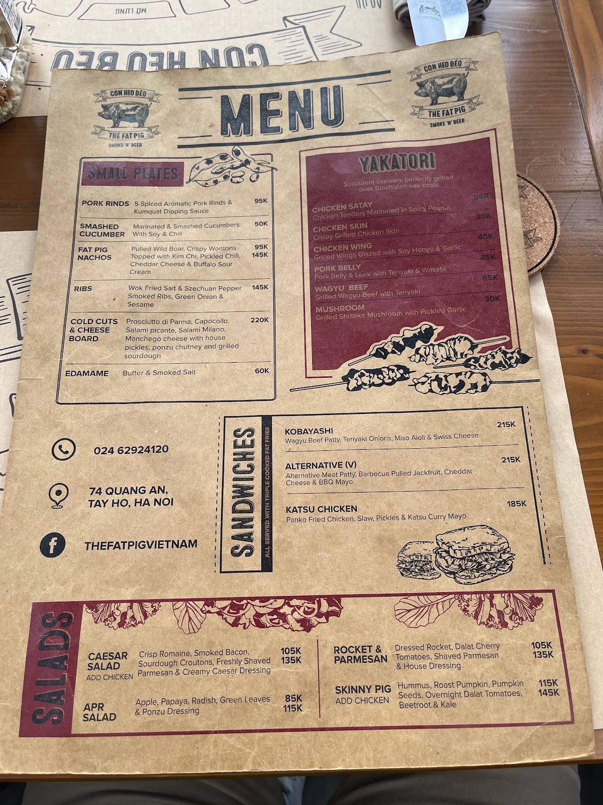 Carta del restaurante Con Heo Béo - The Fat Pig, Hanoi, 74 P. Quảng An