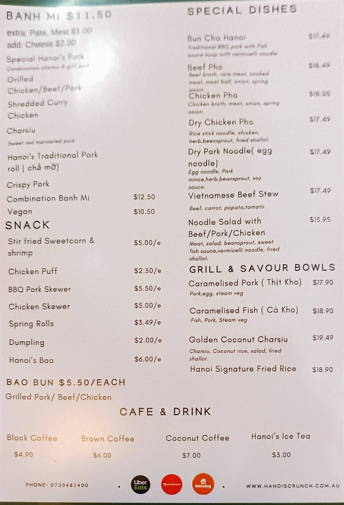 Menu at Hanoi’s Crunch Vietnamese Street Food restaurant, Burpengary