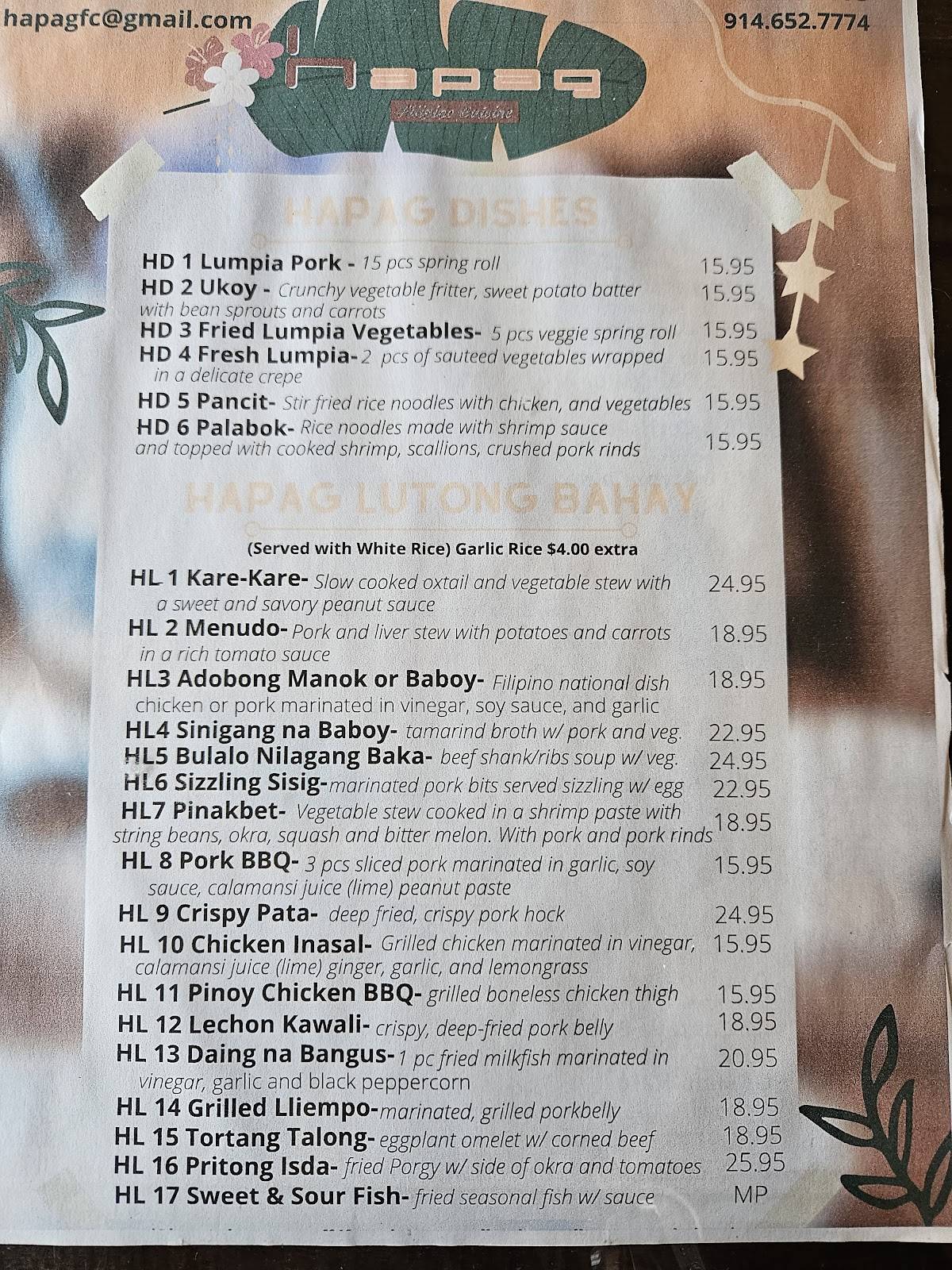 Menu at Hapag Filipino Cuisine restaurant, Yonkers