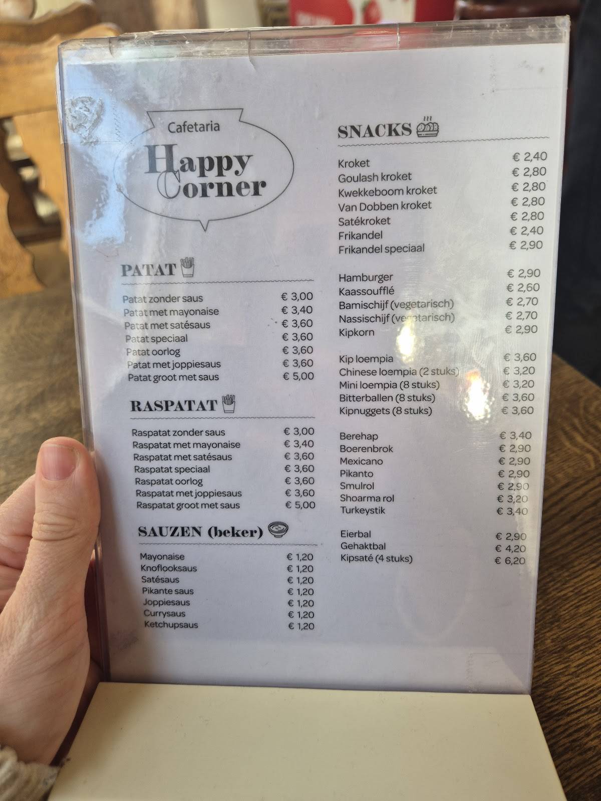 Menu at Happy Corner fast food, Groningen