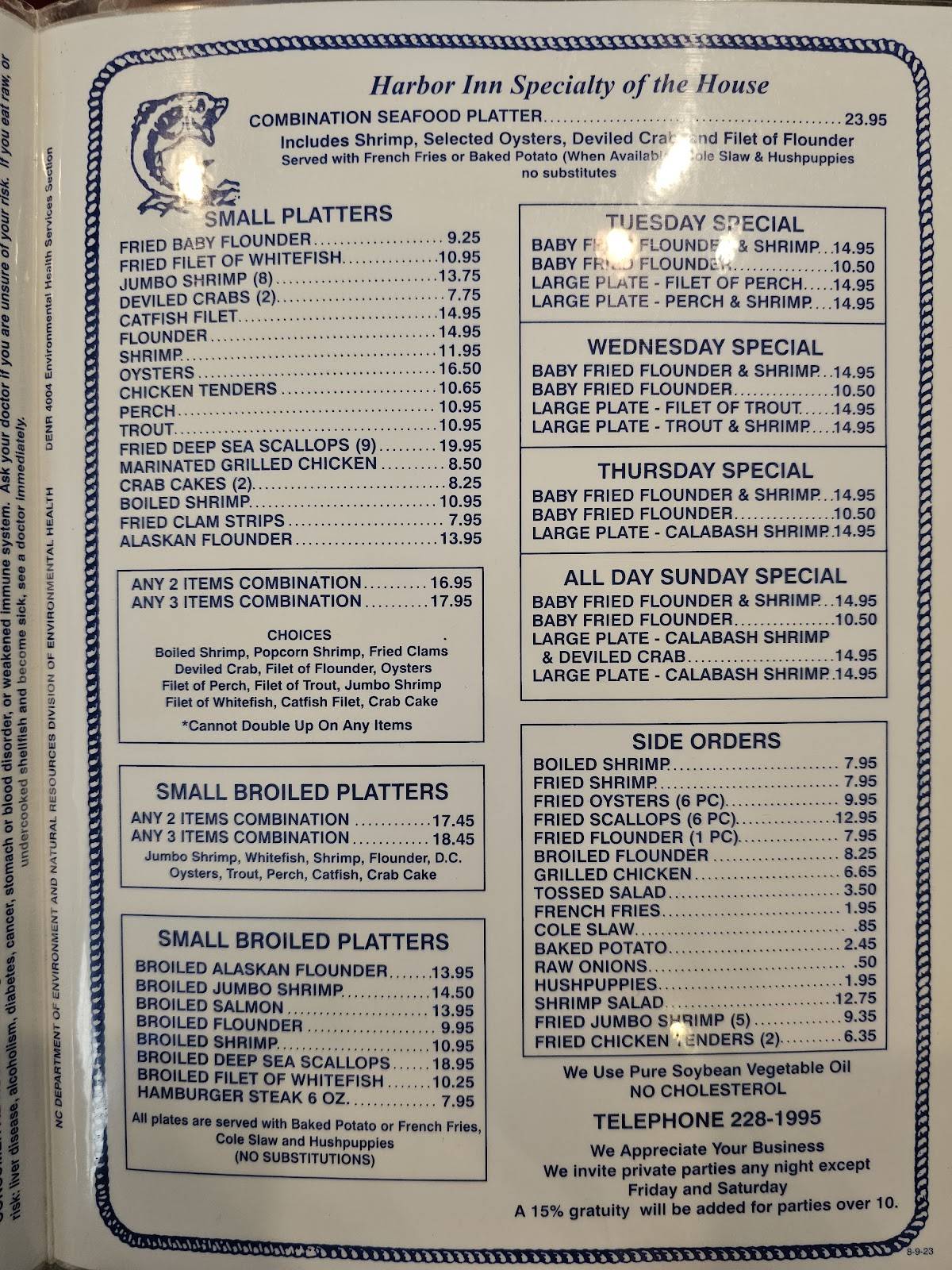 Menu at Harbor Inn Seafood Restaurant, Burlington