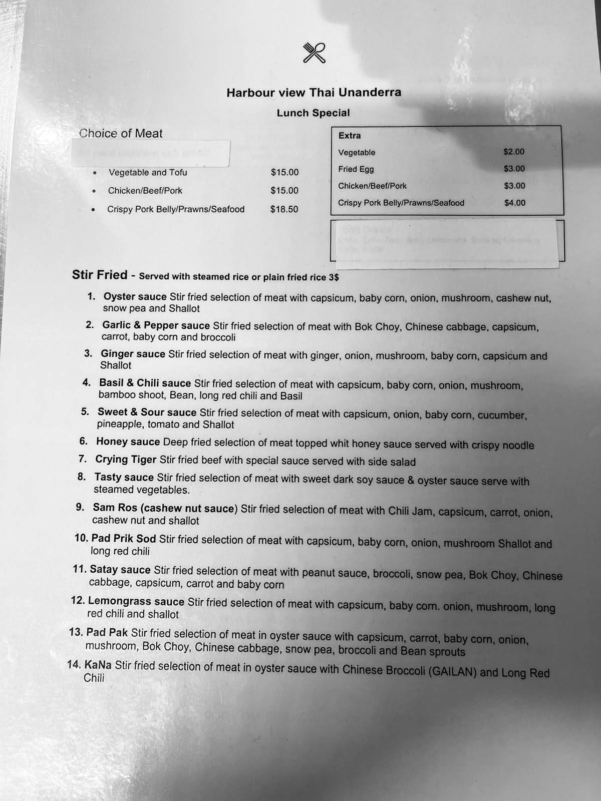 Menu at Harbour View Thai Unanderra restaurant, Unanderra