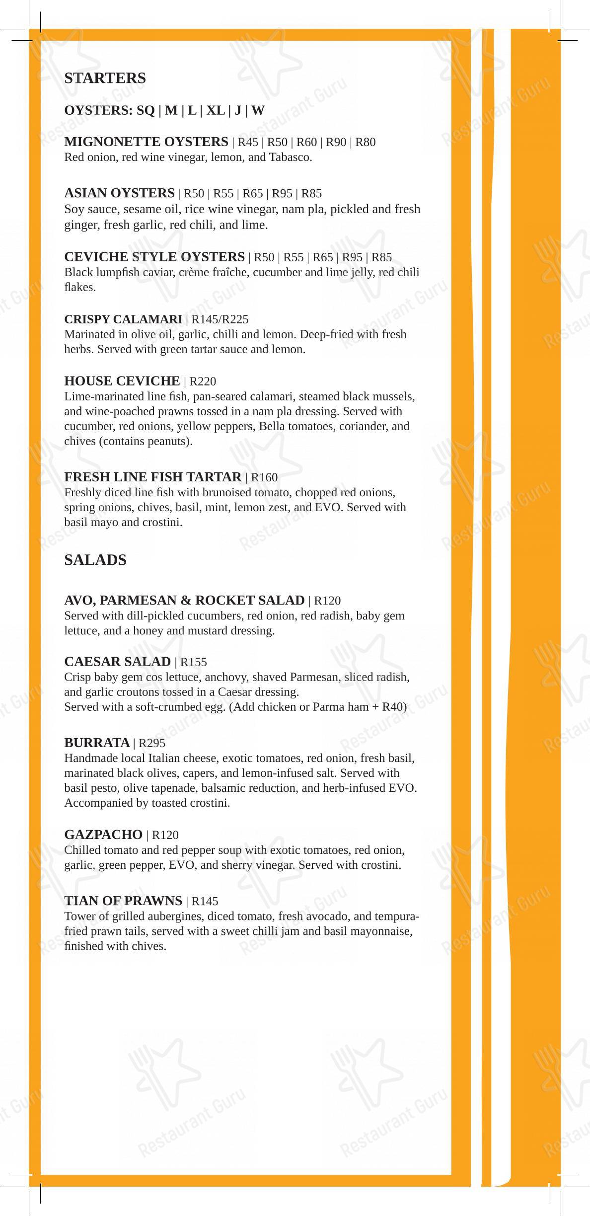 Menu at Harry's Beach Restaurant, Cape Town