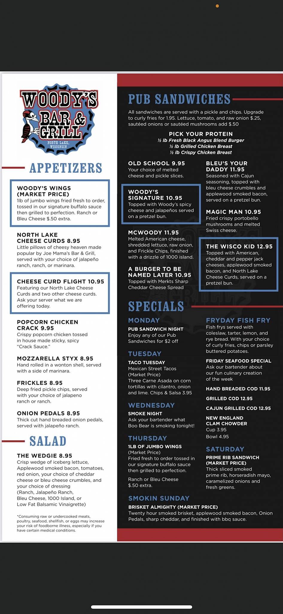 Menu at Woody's Bar & Grill, Hartland