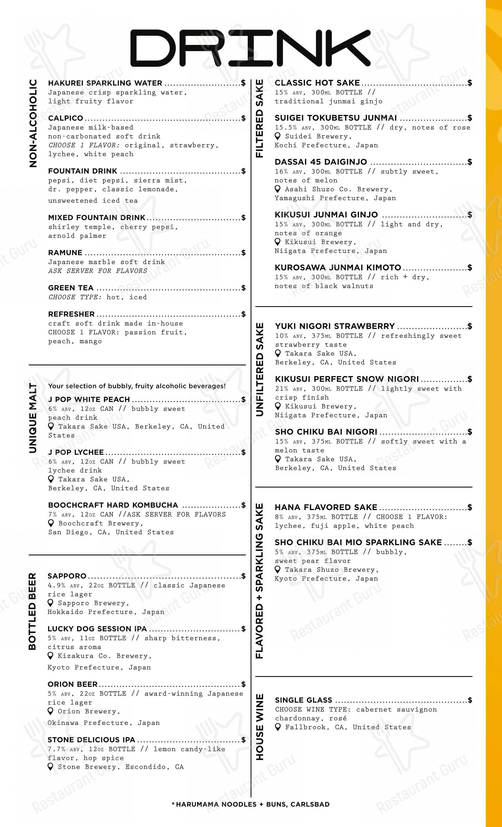 Carta del restaurante Harumama Noodles + Buns - Carlsbad, Carlsbad