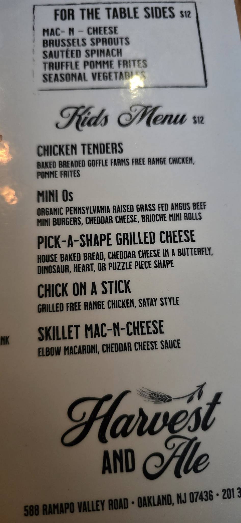 Menu at Harvest & Ale pub & bar, Oakland, 588 Ramapo Valley Rd
