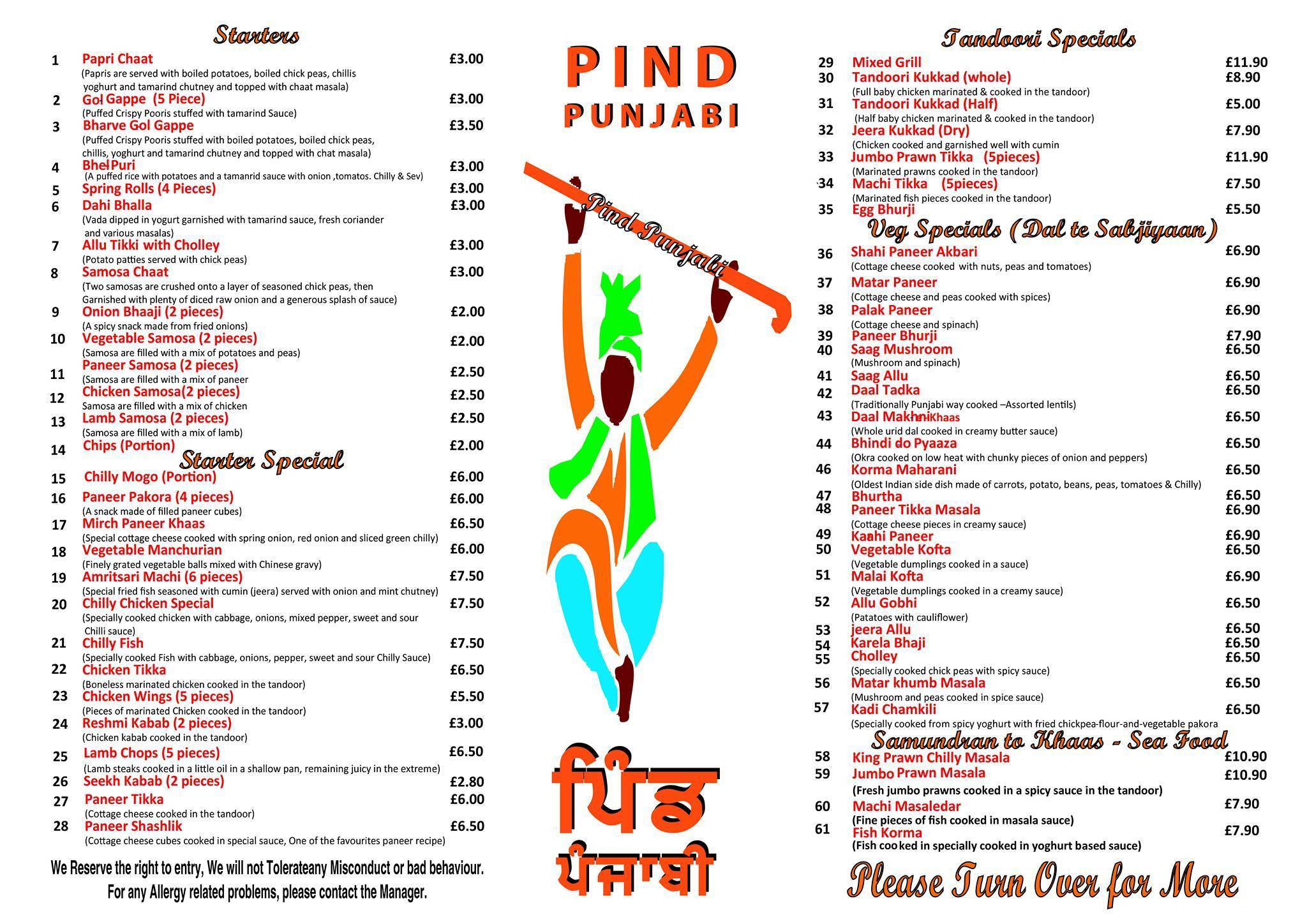 Menu at Pind Punjabi restaurant, Hayes, Broadway Parade