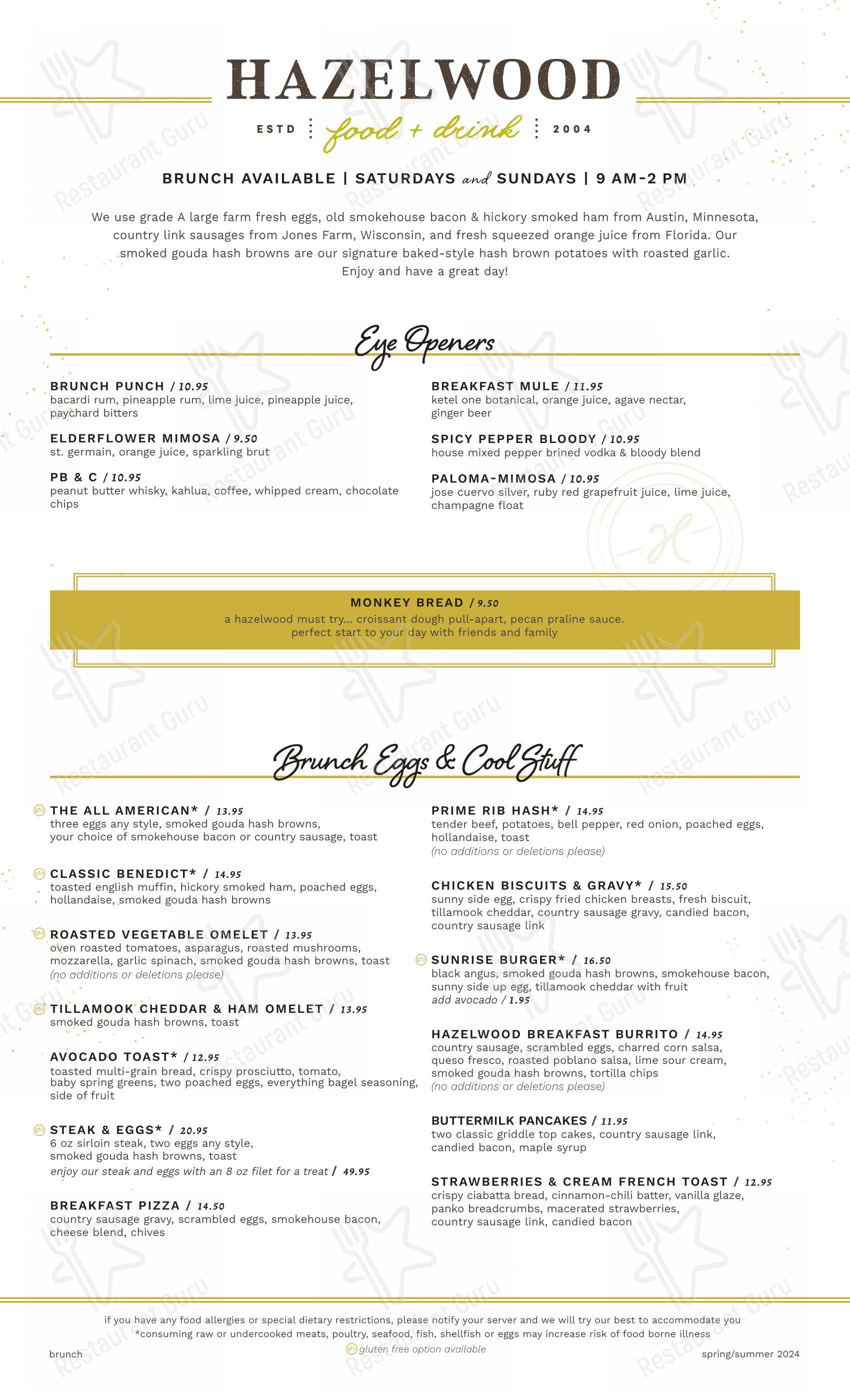 Menu at Hazelwood Food and Drink- Tonka Bay pub & bar, Excelsior