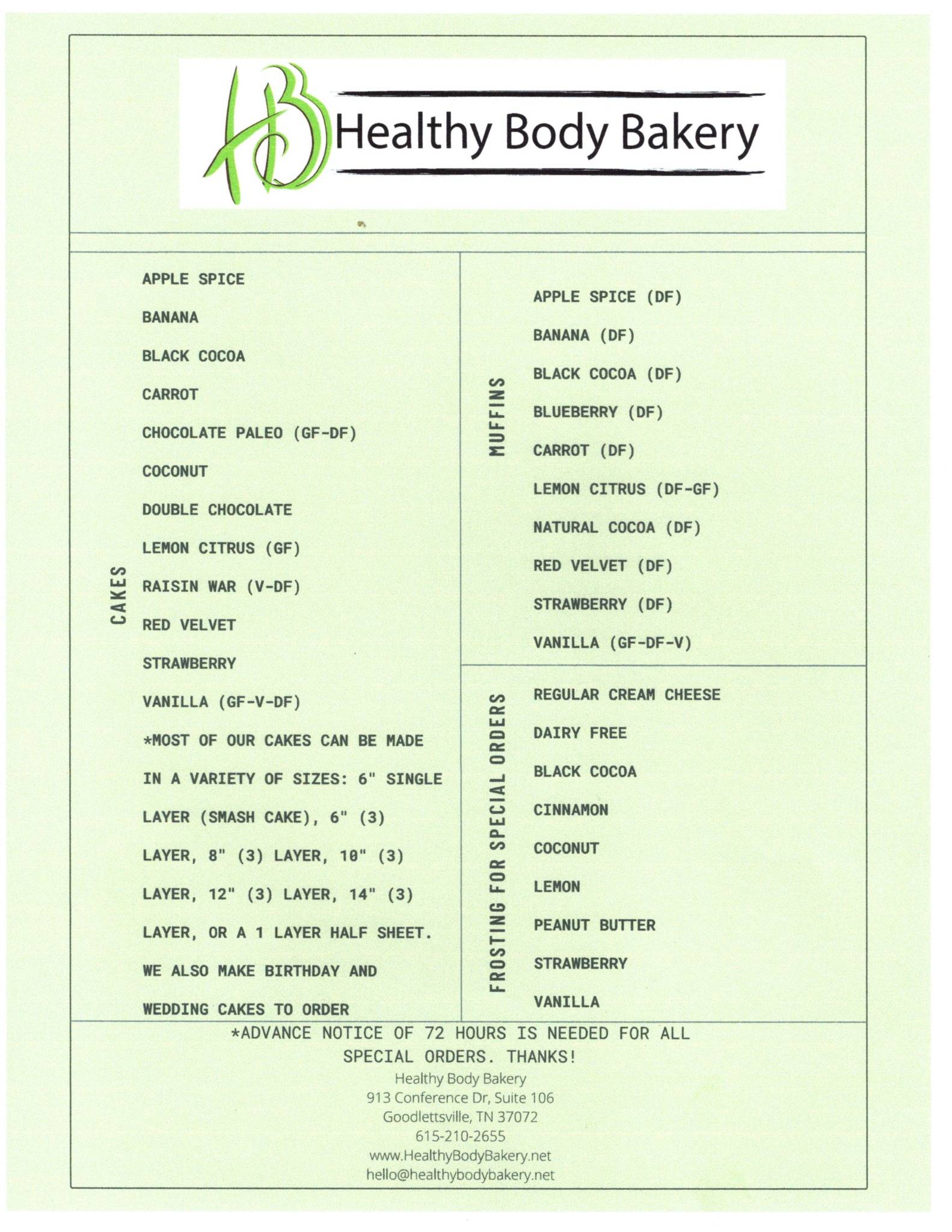 Menu at Healthy Body Bakery, Goodlettsville