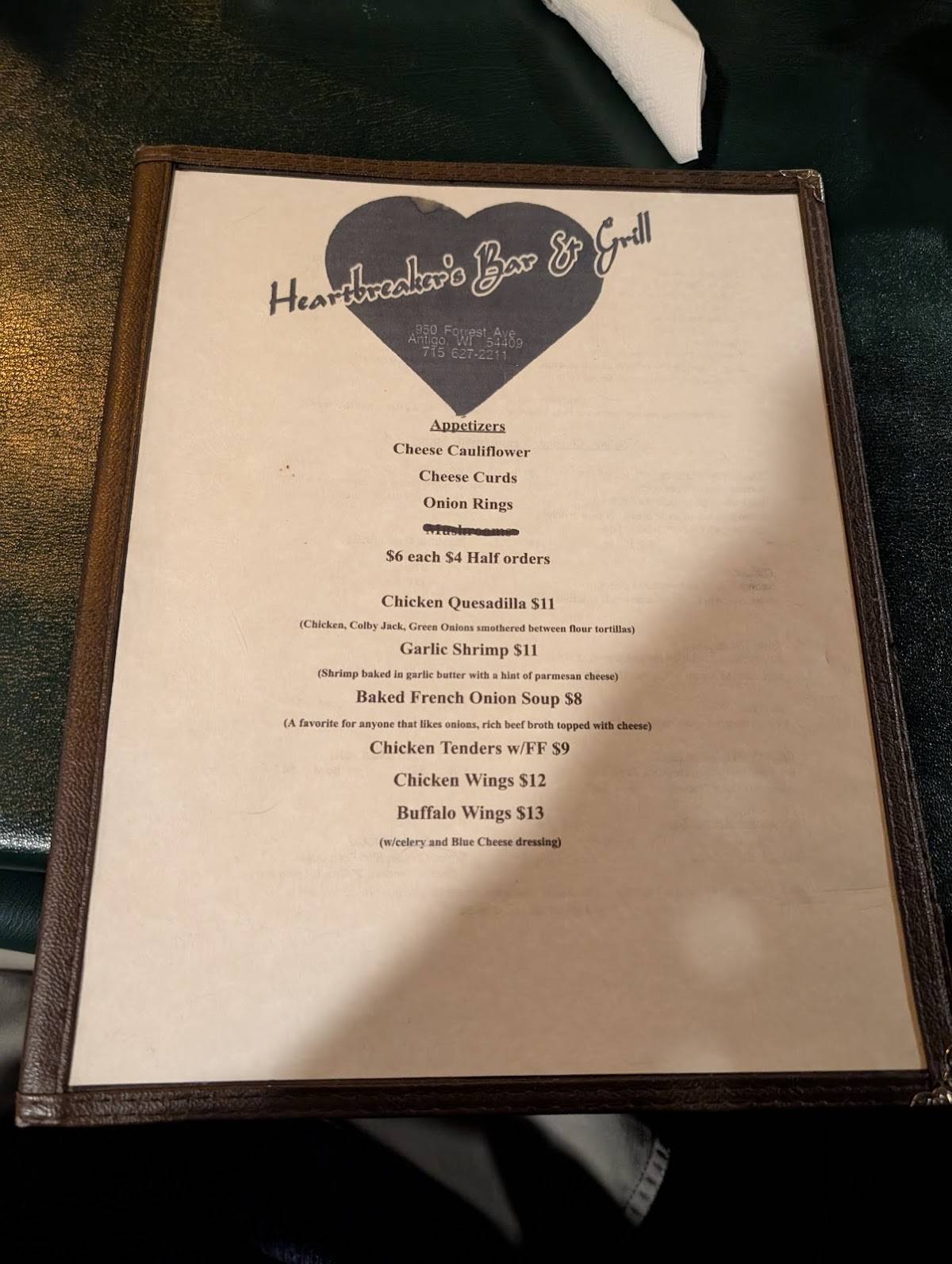 Menu at Heart Breakers pub & bar, Antigo
