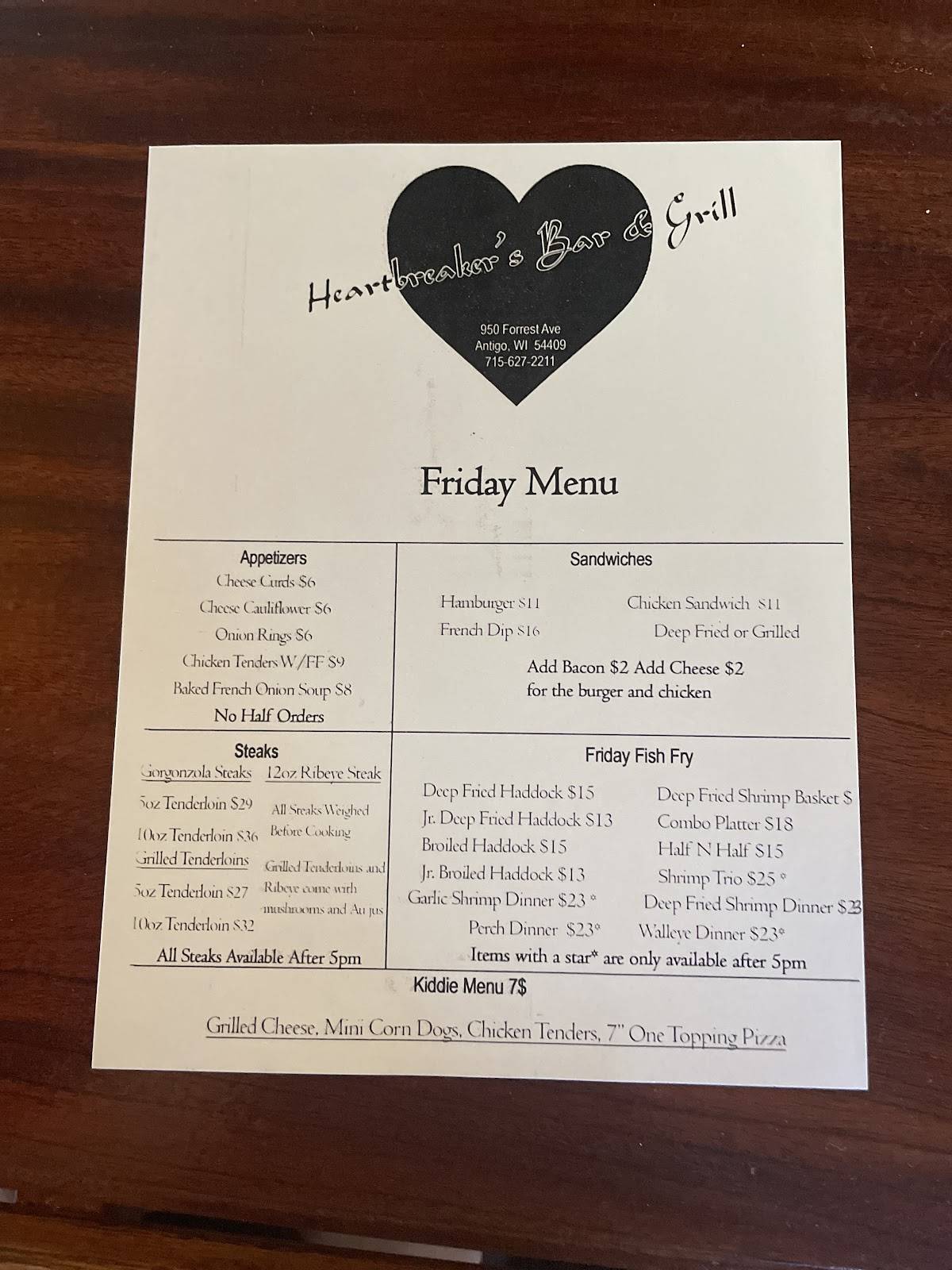 Menu at Heart Breakers pub & bar, Antigo