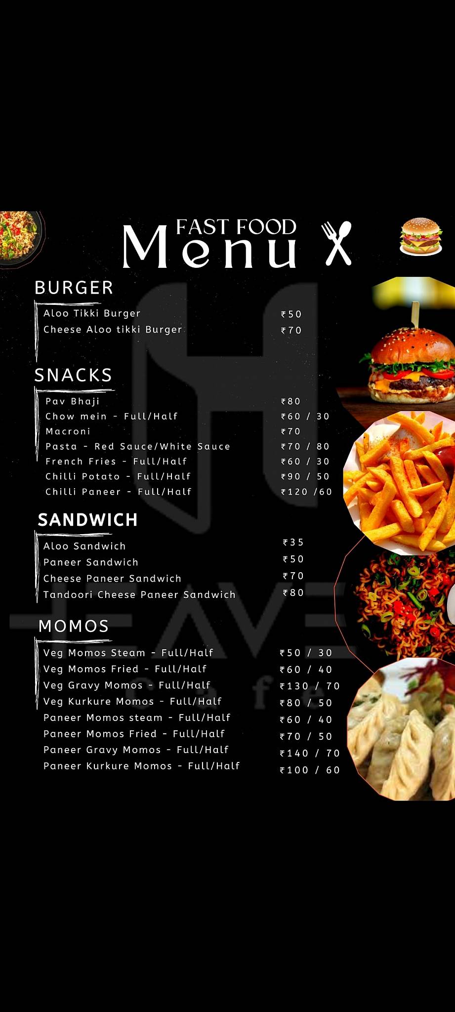 Menu at Heaven Cafe, Pataudi