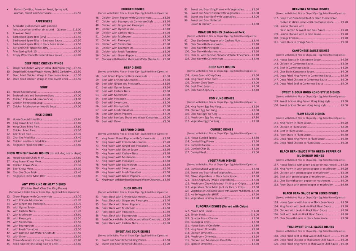 Menu at Heavenly Chinese fast food, Ashington