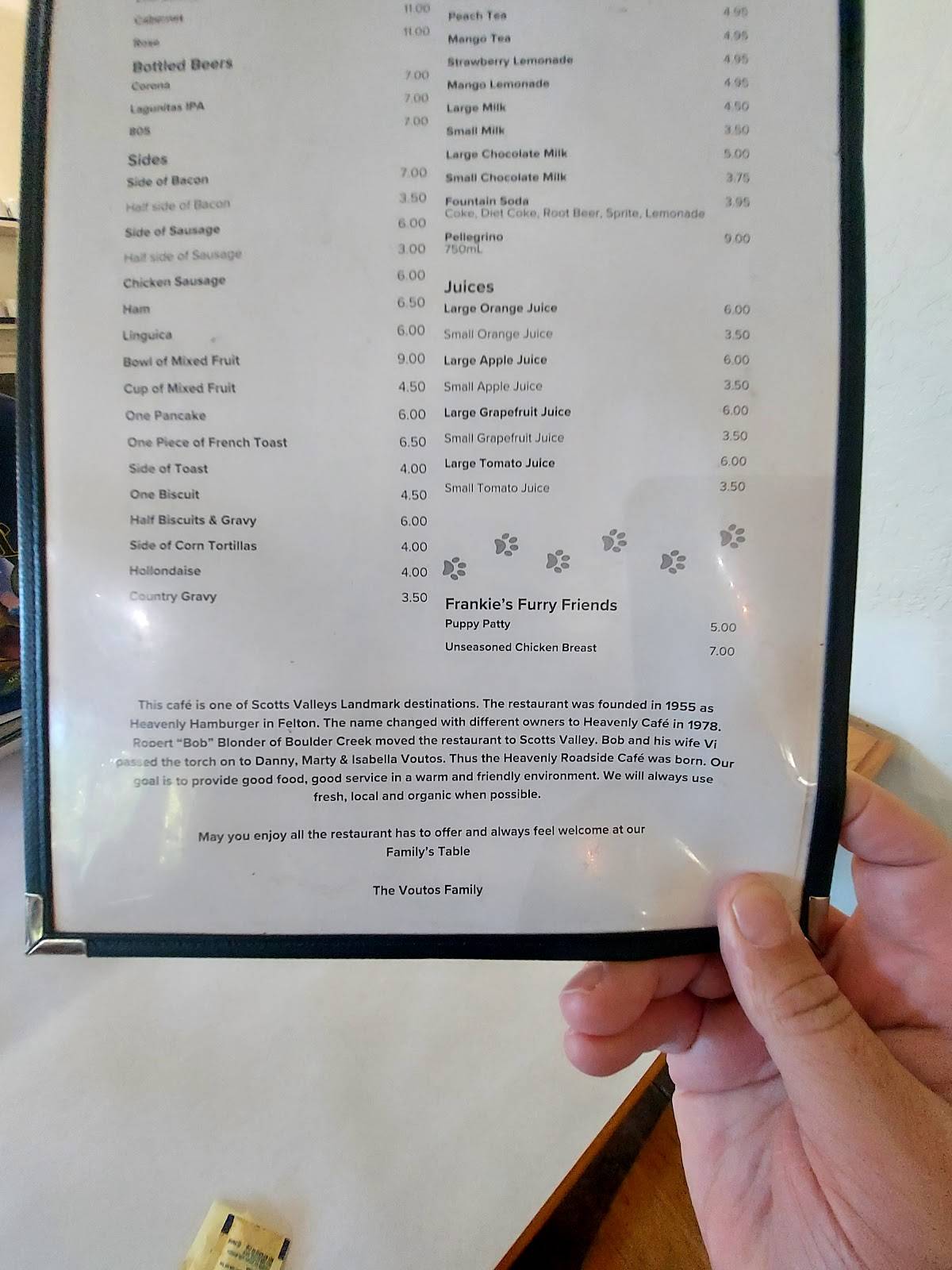 Menu at Heavenly Roadside Café cafe, Scotts Valley