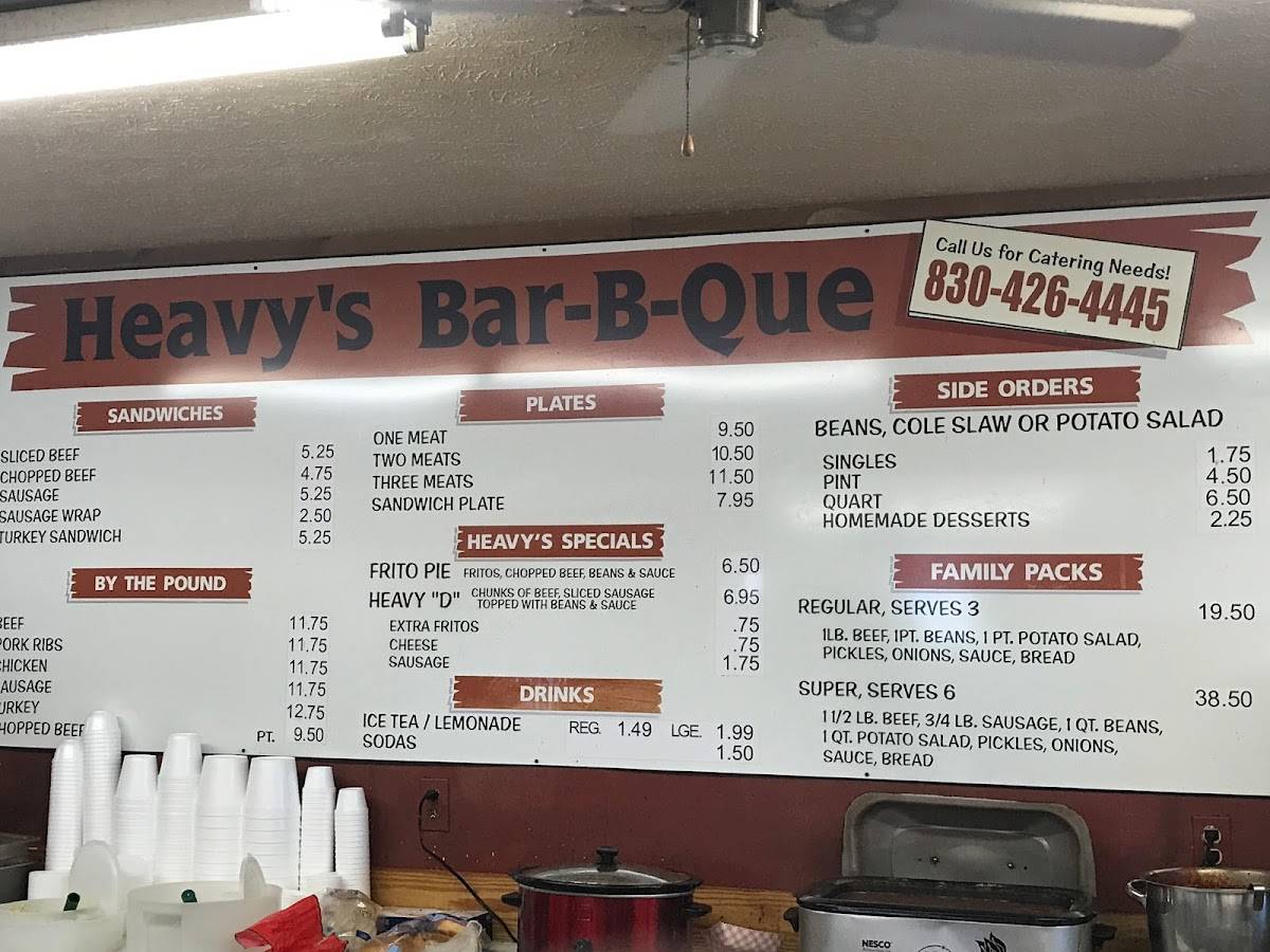 Menu at Heavy's Bar B Que, Hondo