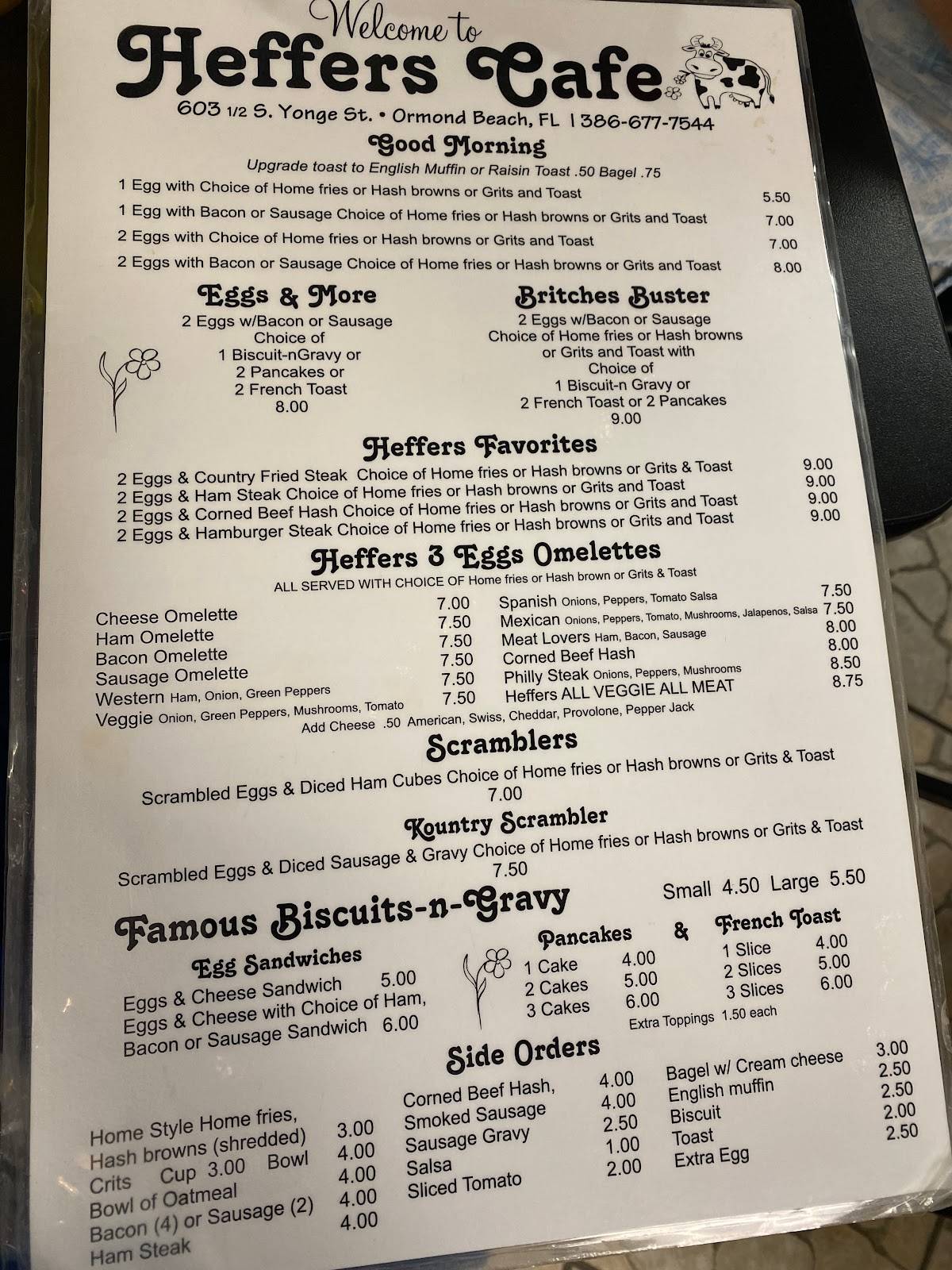 Menu at Heffer's Kountry Cafe, Ormond Beach, 603 S Yonge St