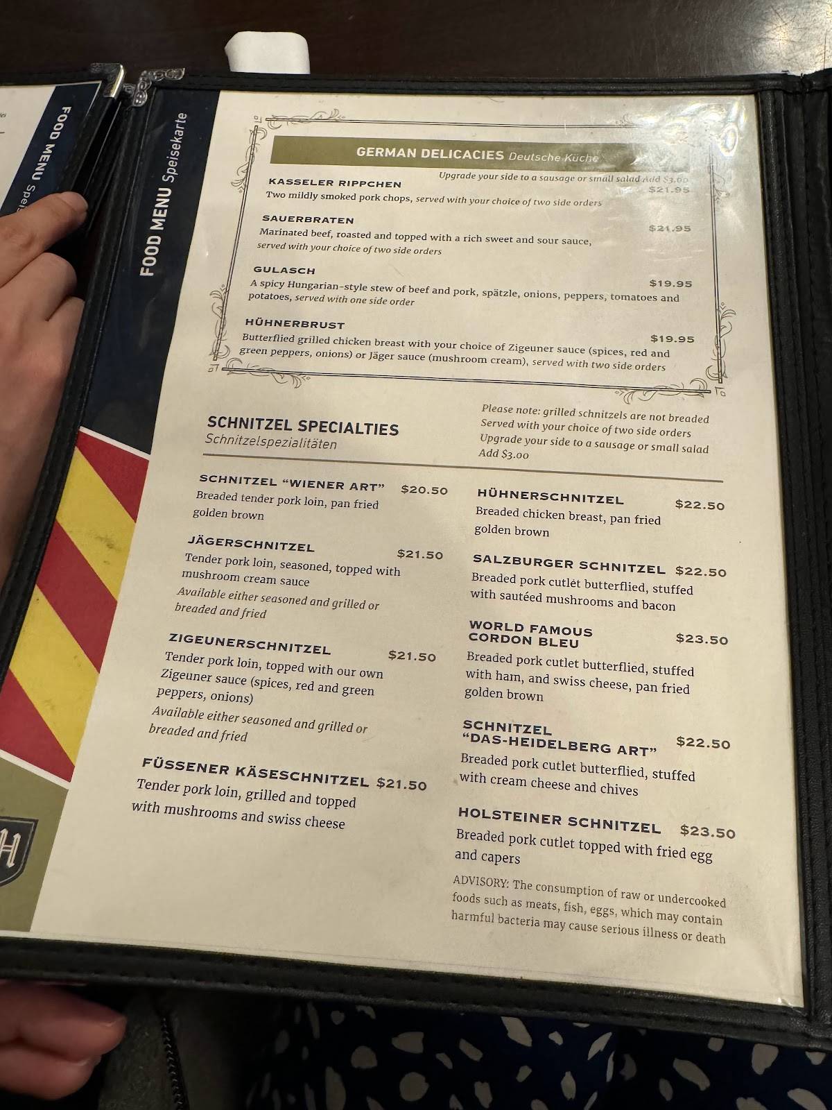 Menu at Heidelberg Restaurant, Helen