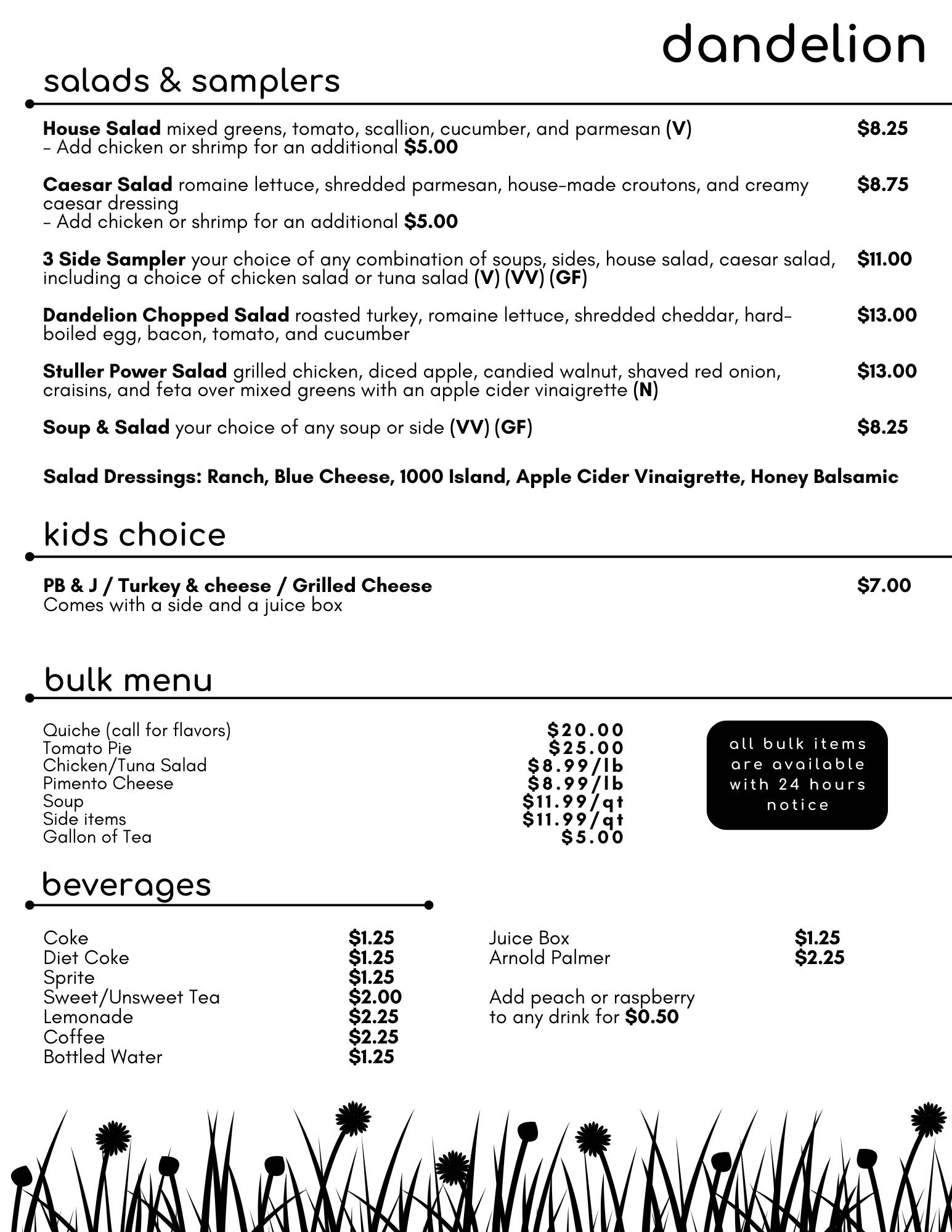 Menu at Dandelion cafe, Hendersonville