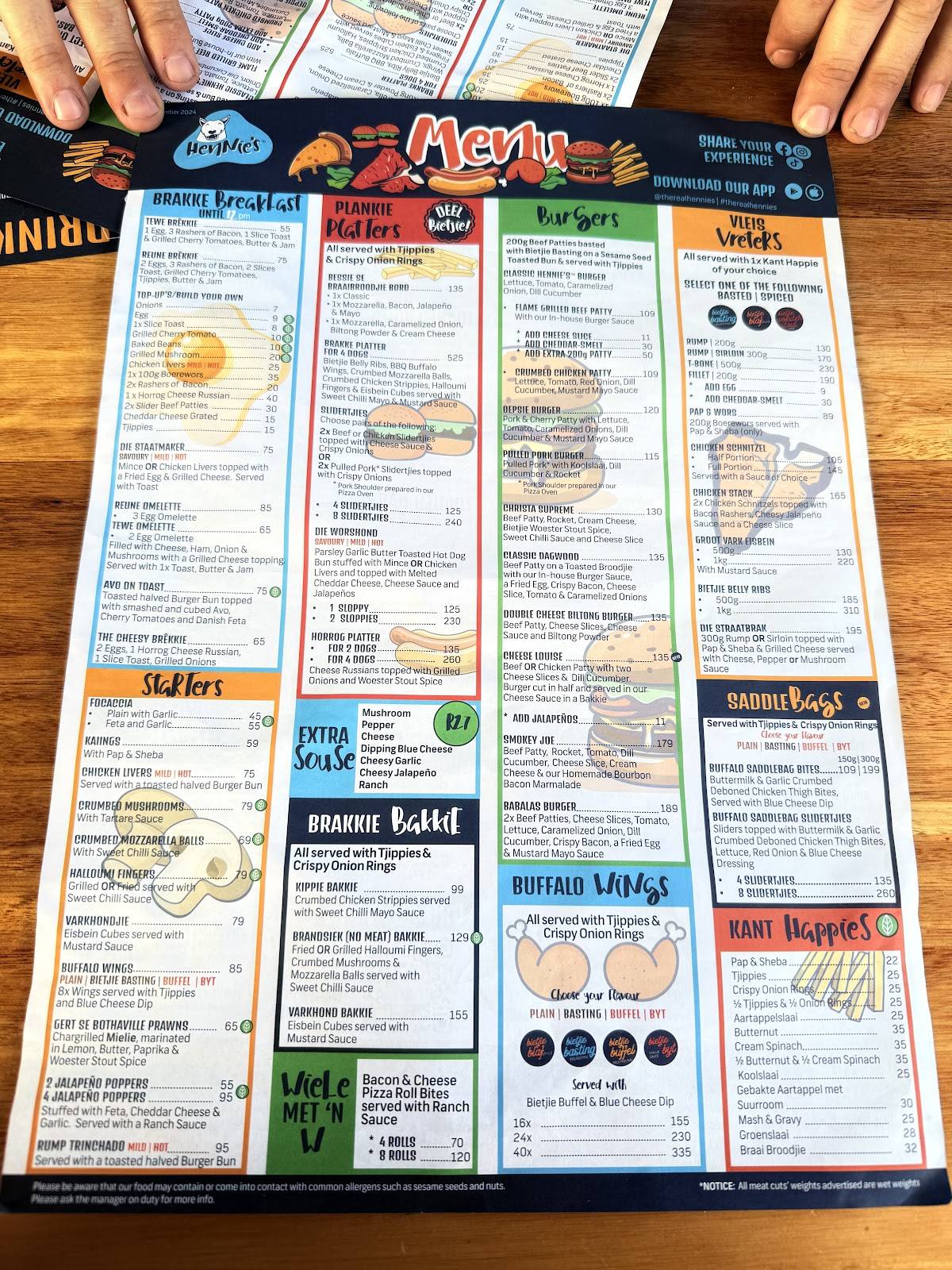 Menu at Hennie's Paarl Restaurant, Paarl