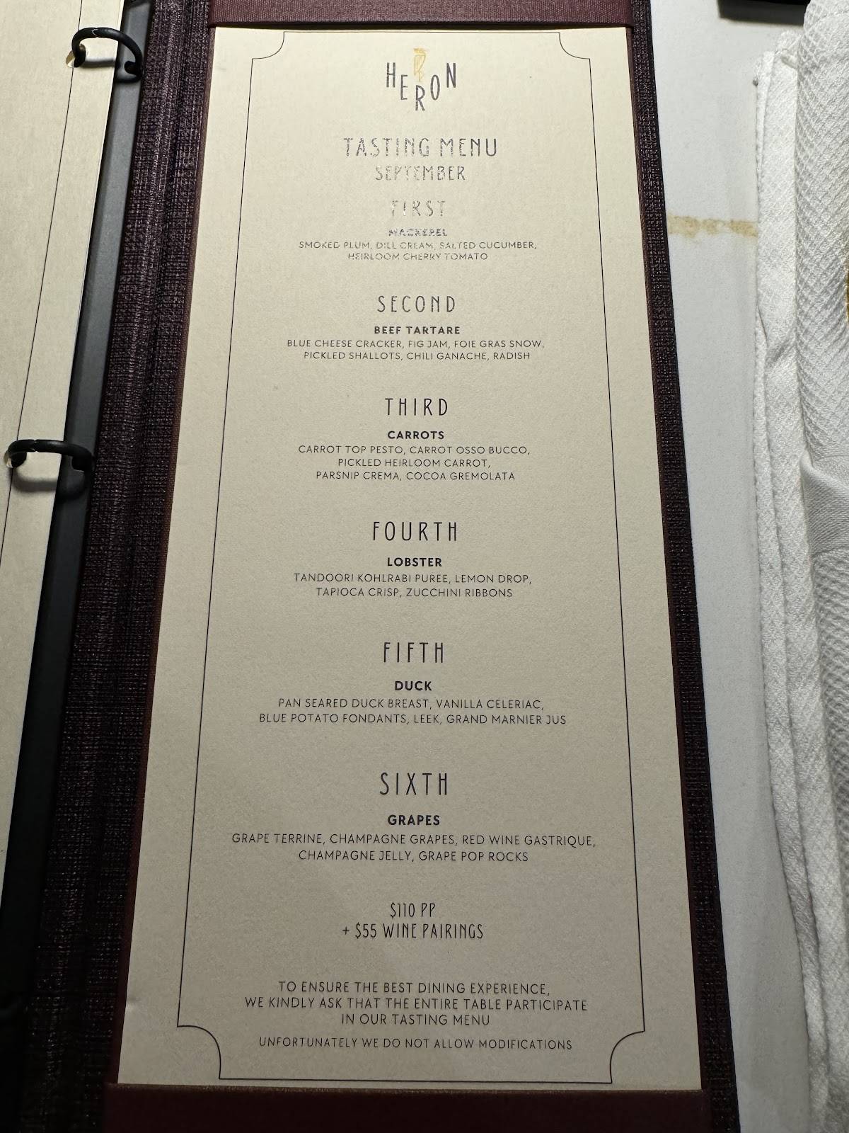 Menu at Heron restaurant, Toronto