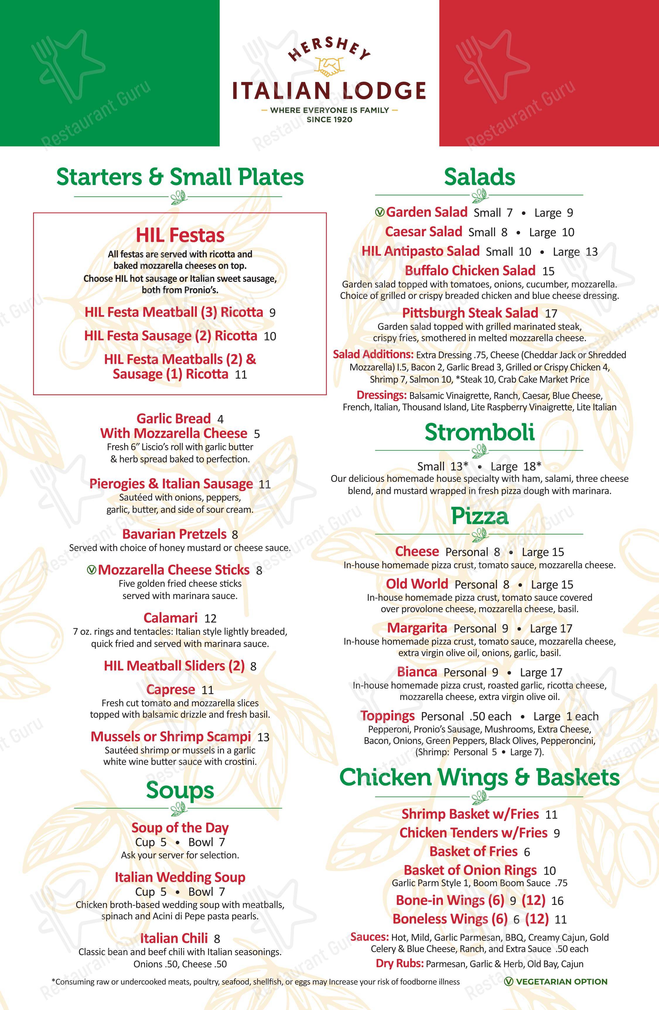 Menu at Hershey Italian Lodge restaurant, Hershey