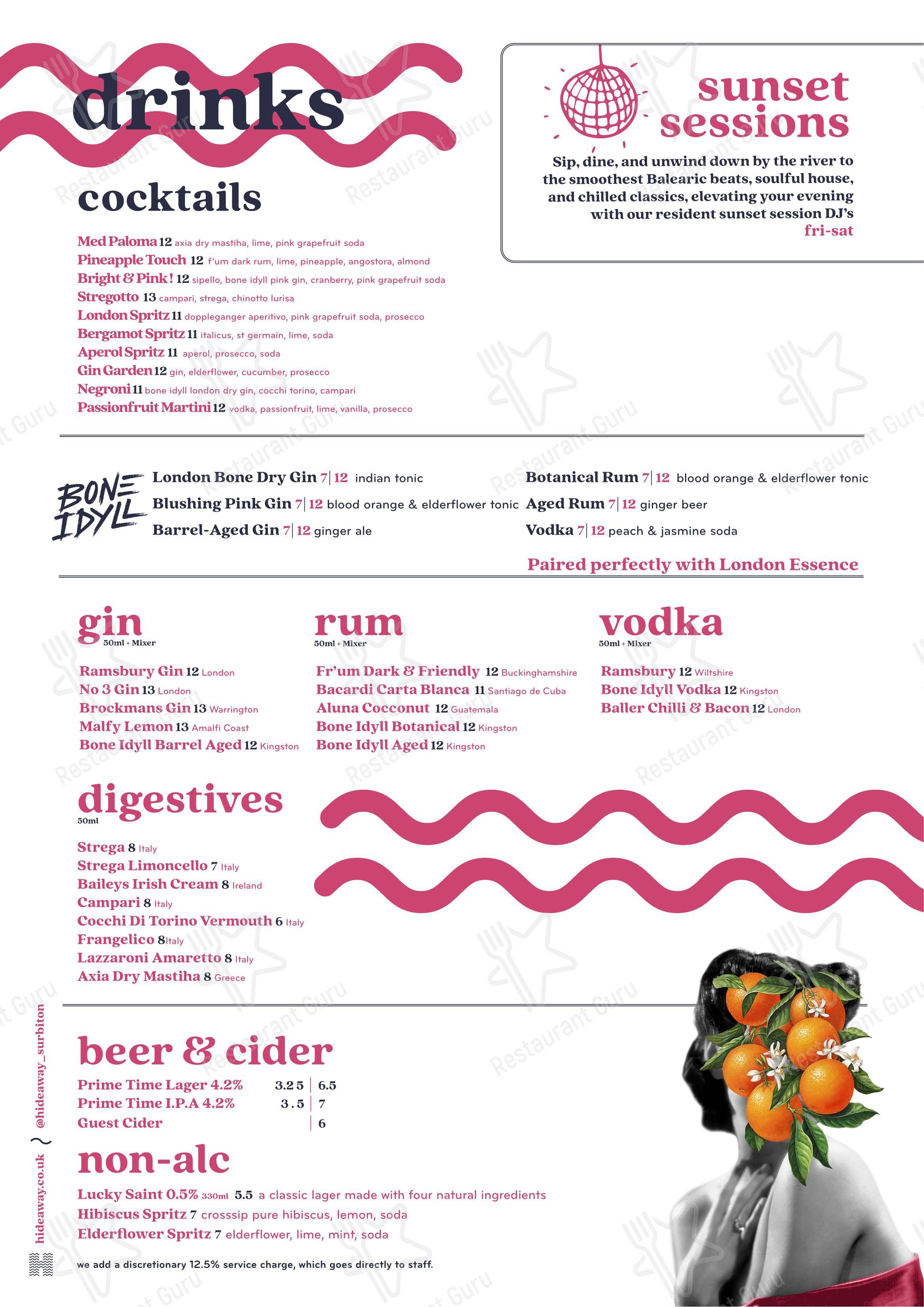 Menu at Hideaway restaurant, Surbiton