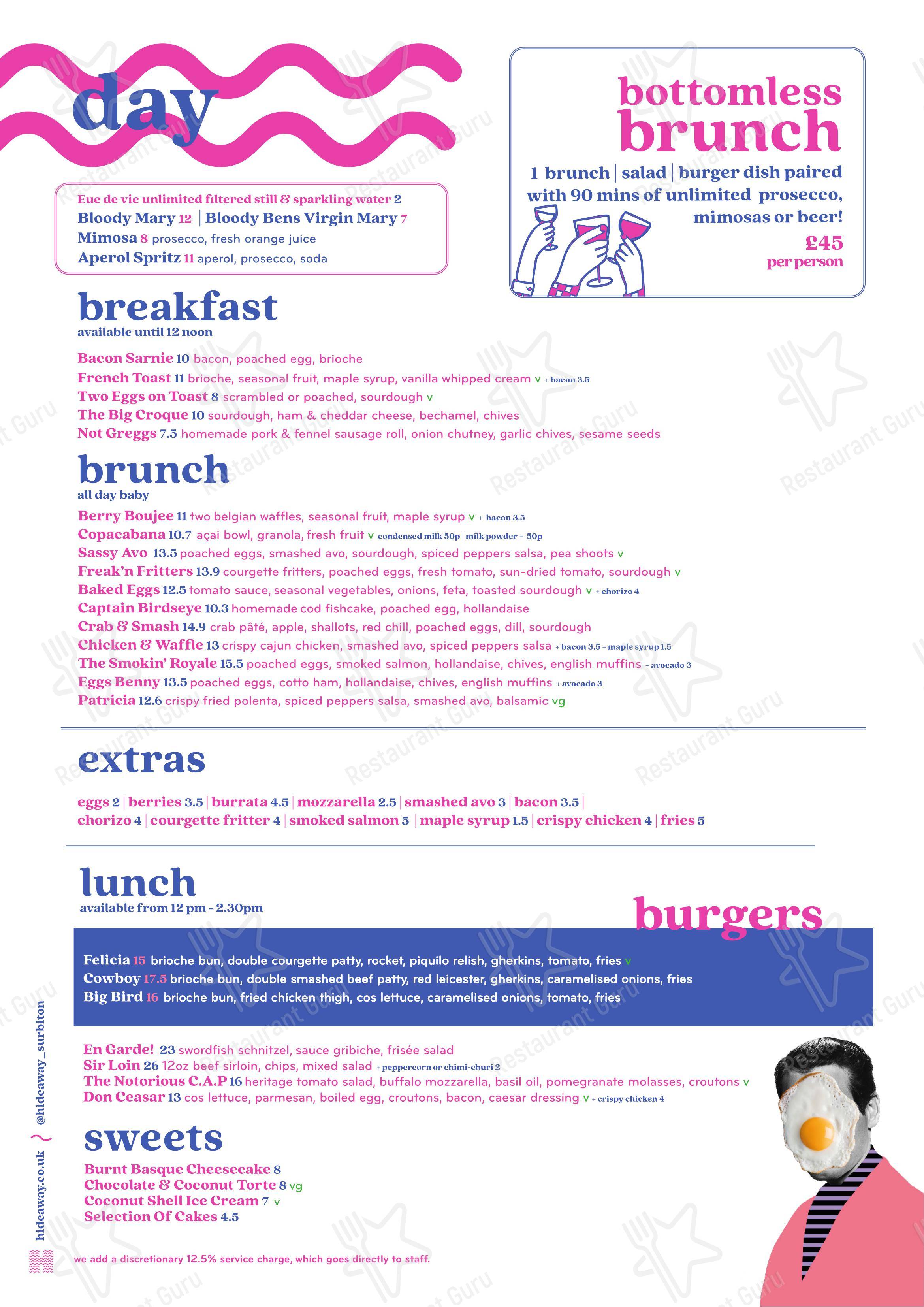 Menu at Hideaway restaurant, Surbiton