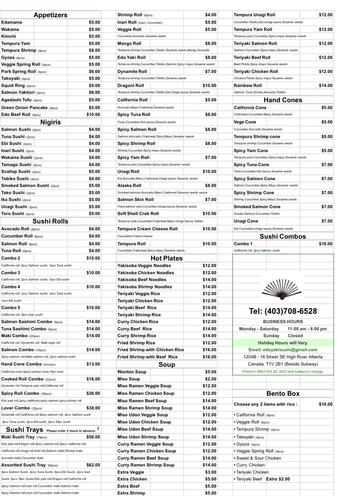 Menu au Edoyaki Sushi High River restaurant, High River