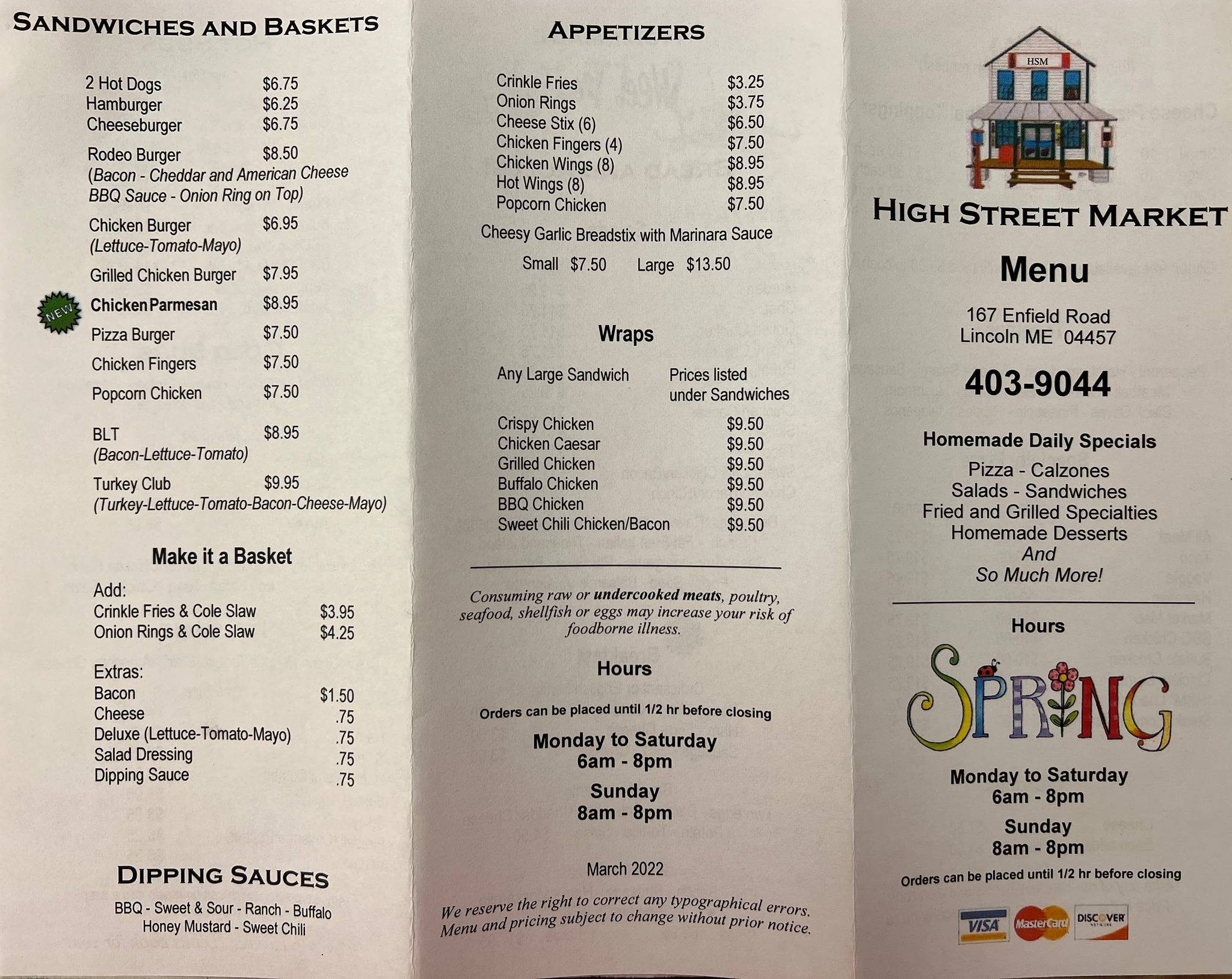 Menu at High St. Market pizzeria, Lincoln