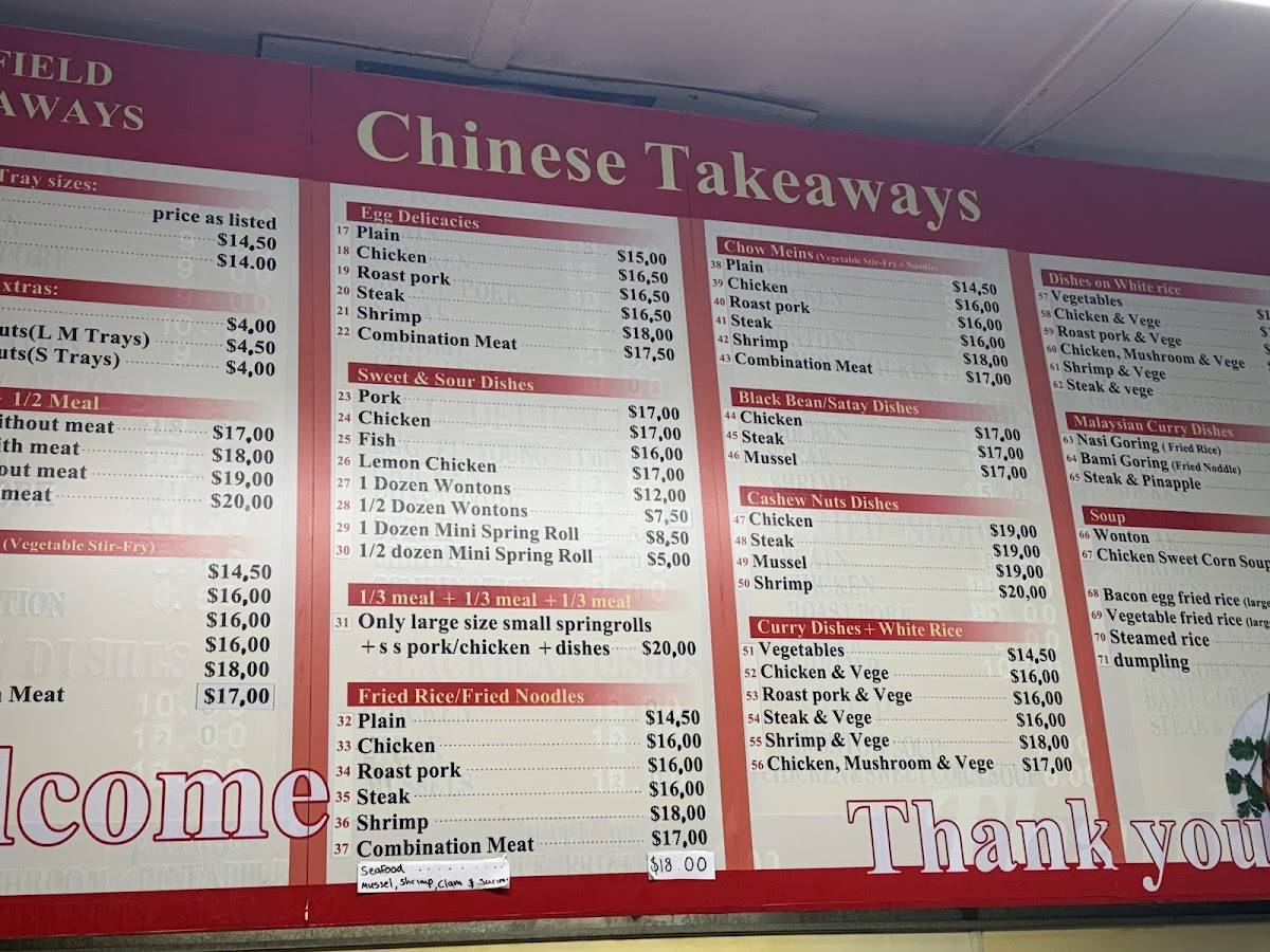 Menu at Highfield Takeaways restaurant, Timaru