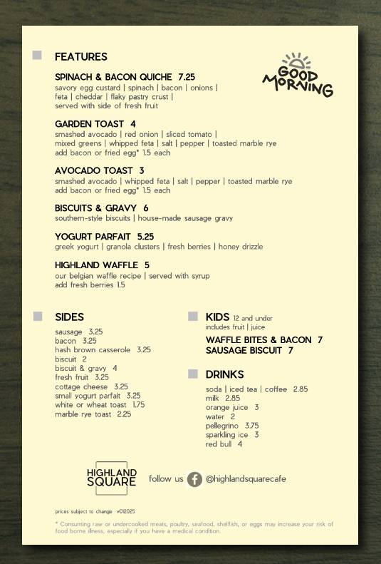 Menu at Highland Square Deli restaurant, Fort Thomas