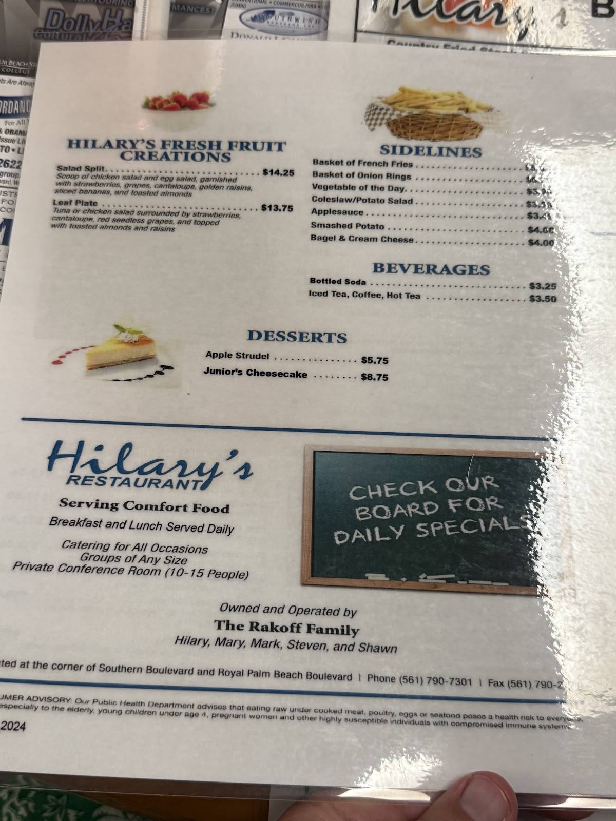 Menu at Hilary's Restaurant and Royal Deli, Royal Palm Beach