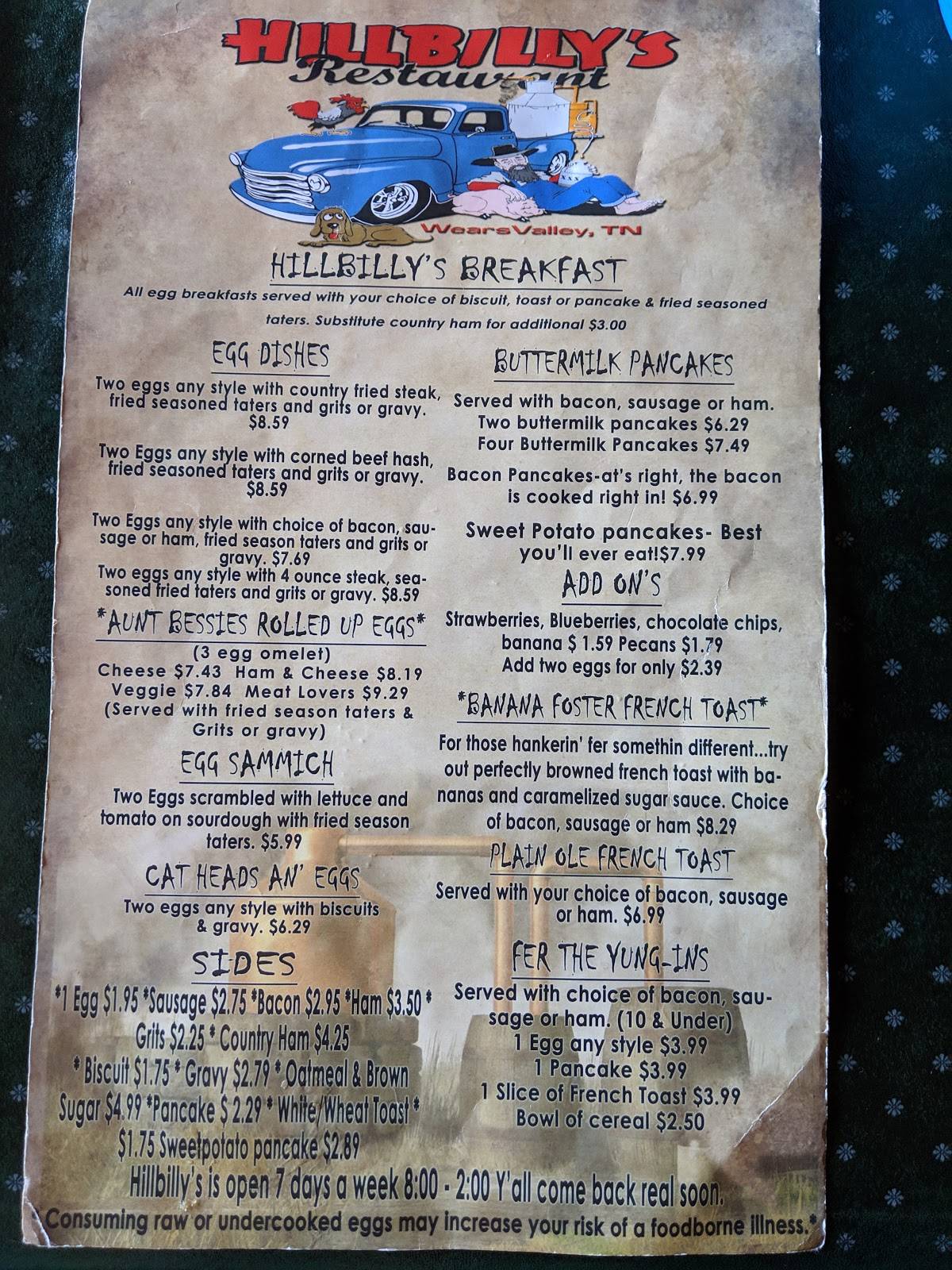 Menu at Hillbilly's Restaurant, Pigeon Forge, Wears Valley Rd