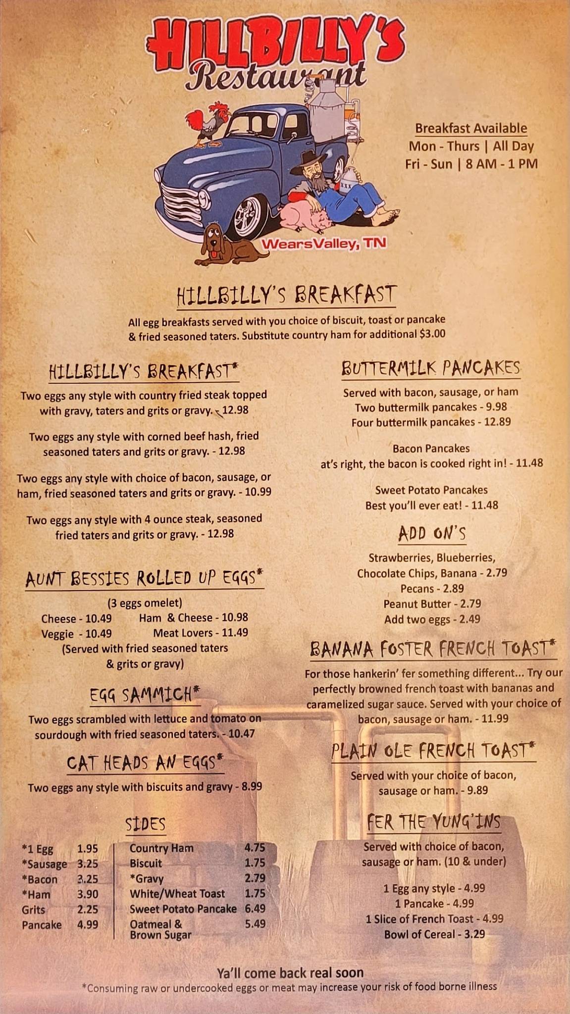 Menu at Hillbilly's Restaurant, Pigeon Forge, Wears Valley Rd