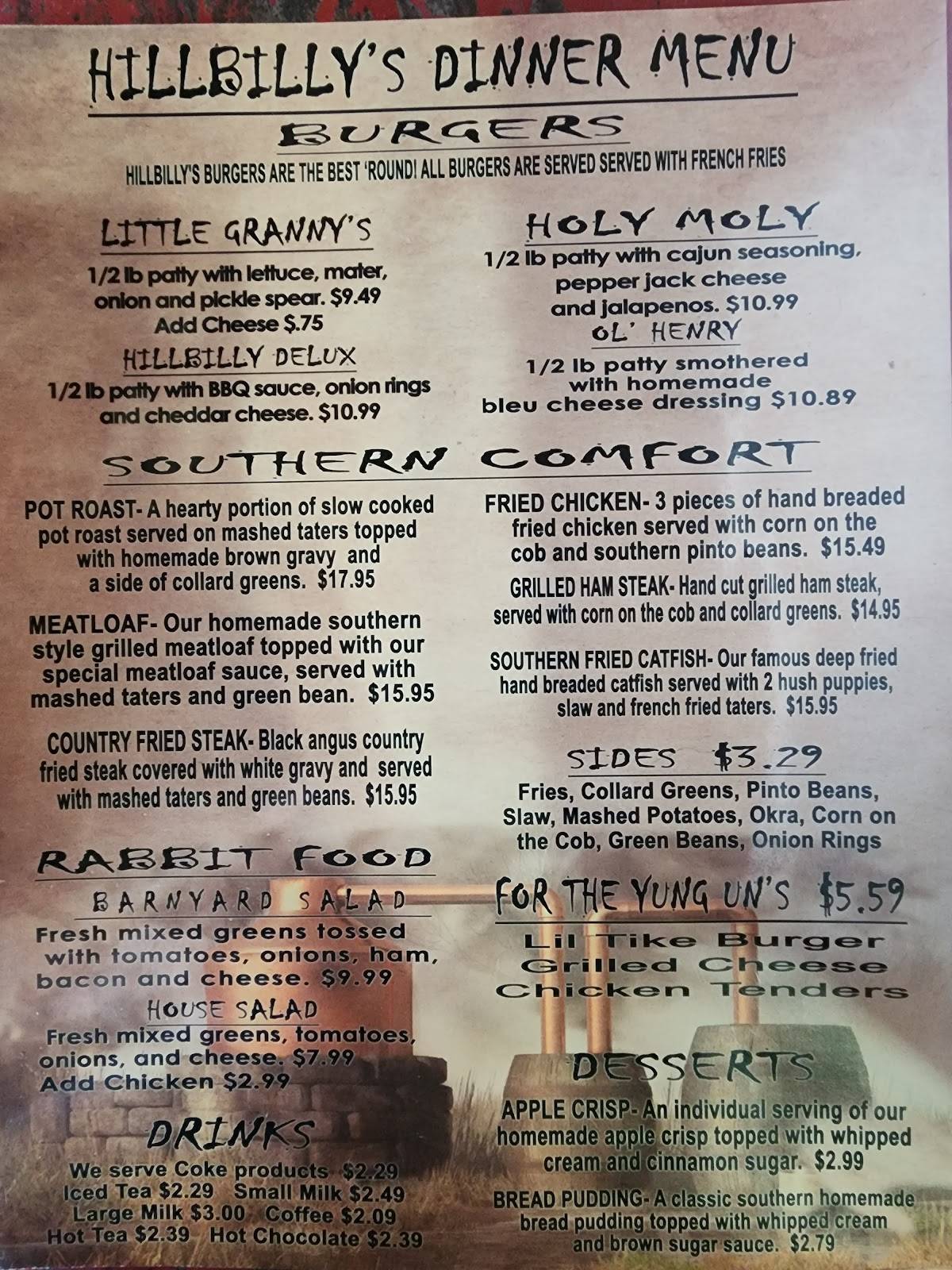 Menu at Hillbilly's Restaurant, Pigeon Forge, Wears Valley Rd