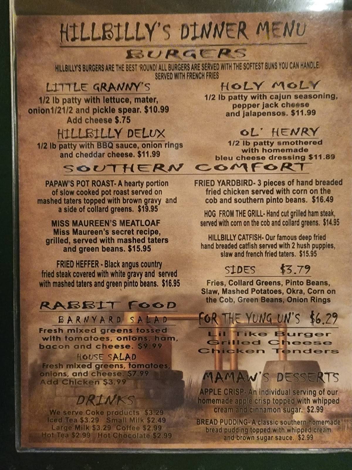 Menu at Hillbilly's Restaurant, Pigeon Forge, Wears Valley Rd
