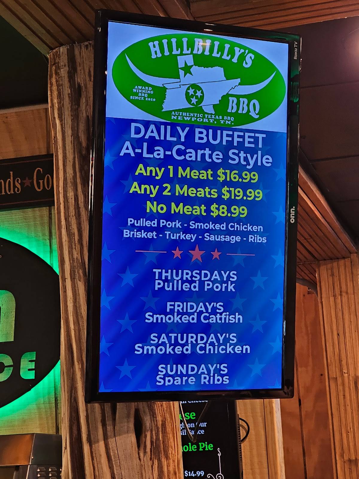 Menu at Hillbilly's Smoky Mountain Diner & BBQ, Newport