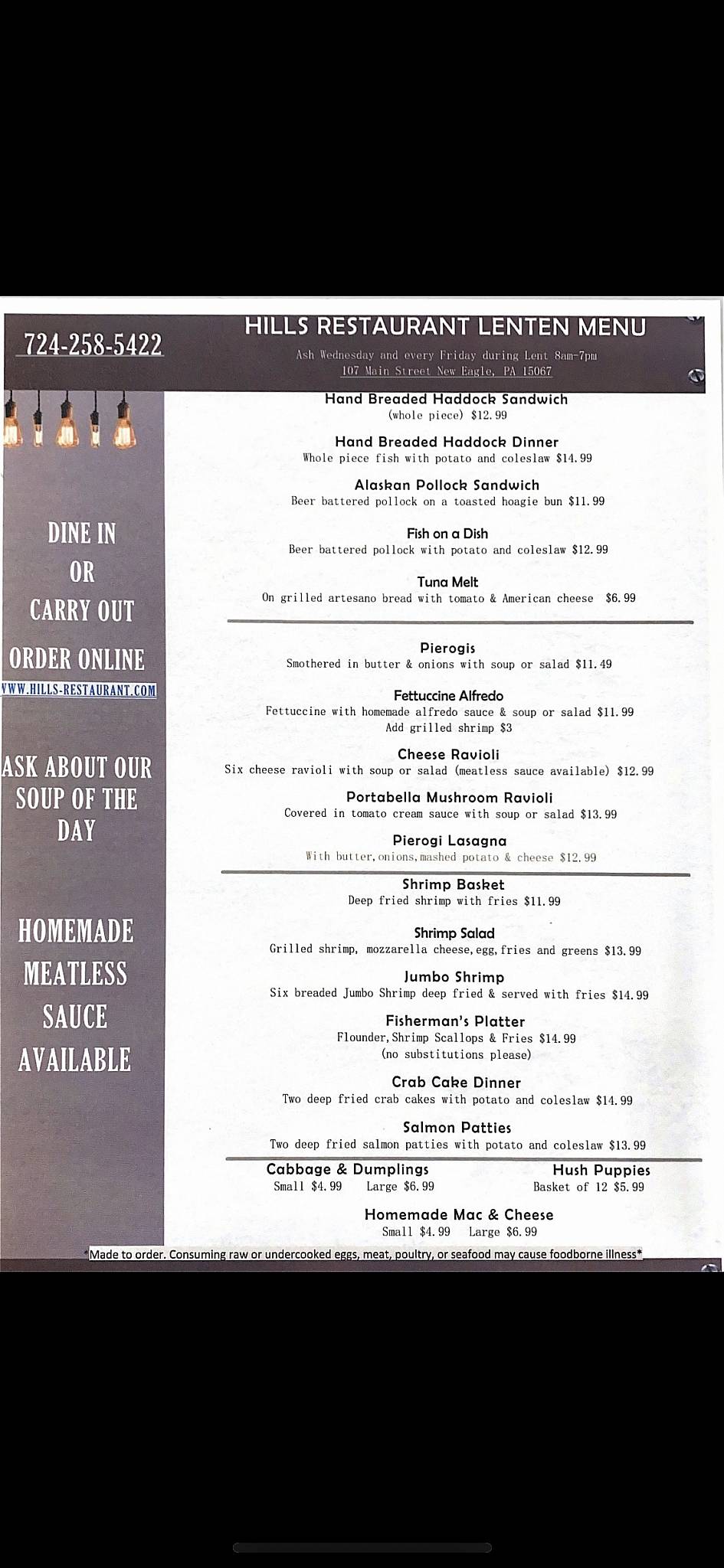 Menu at Hills Restaurant, New Eagle, 107 Main St