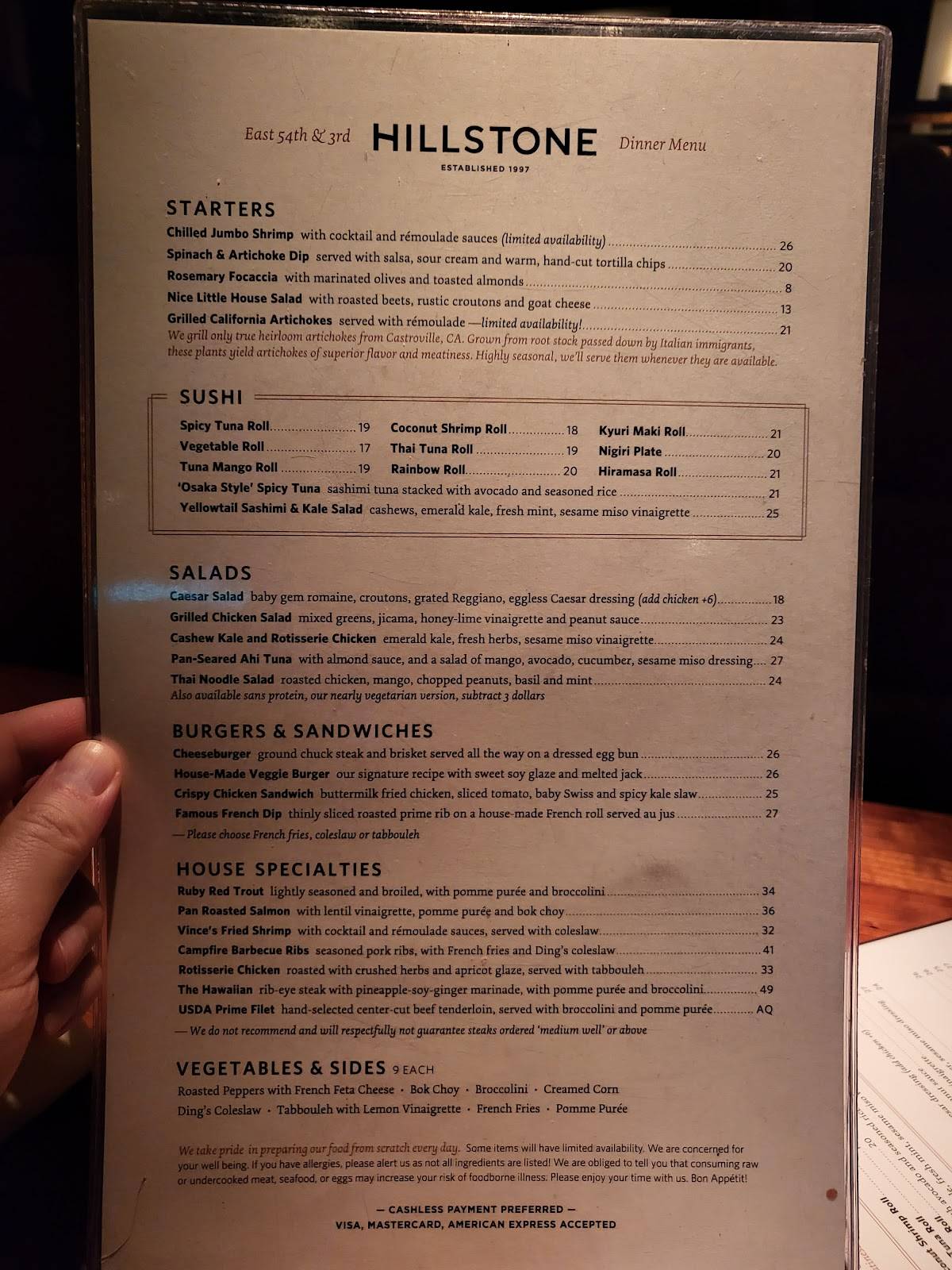 Menu at Hillstone restaurant, West New York, 888 3rd Ave