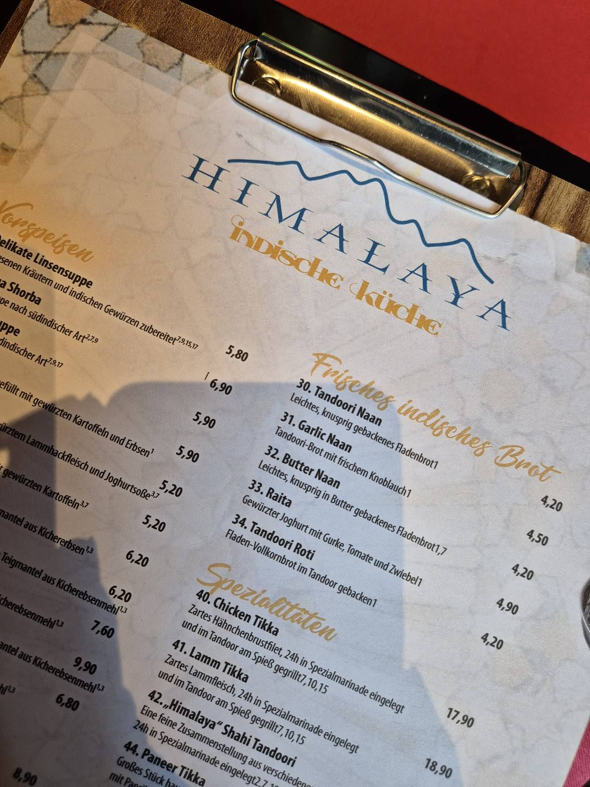 Menu at Himalaya Indische Küche restaurant, Germany