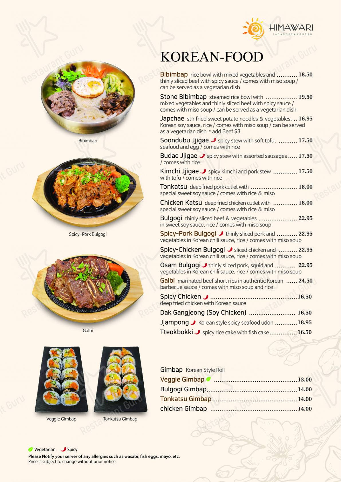 Menu at Himawari Sushi restaurant, Moose Jaw