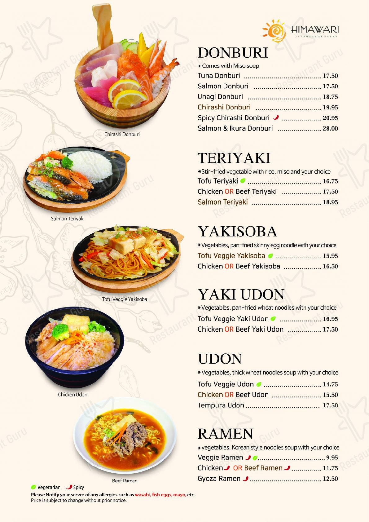 Menu at Himawari Sushi restaurant, Moose Jaw