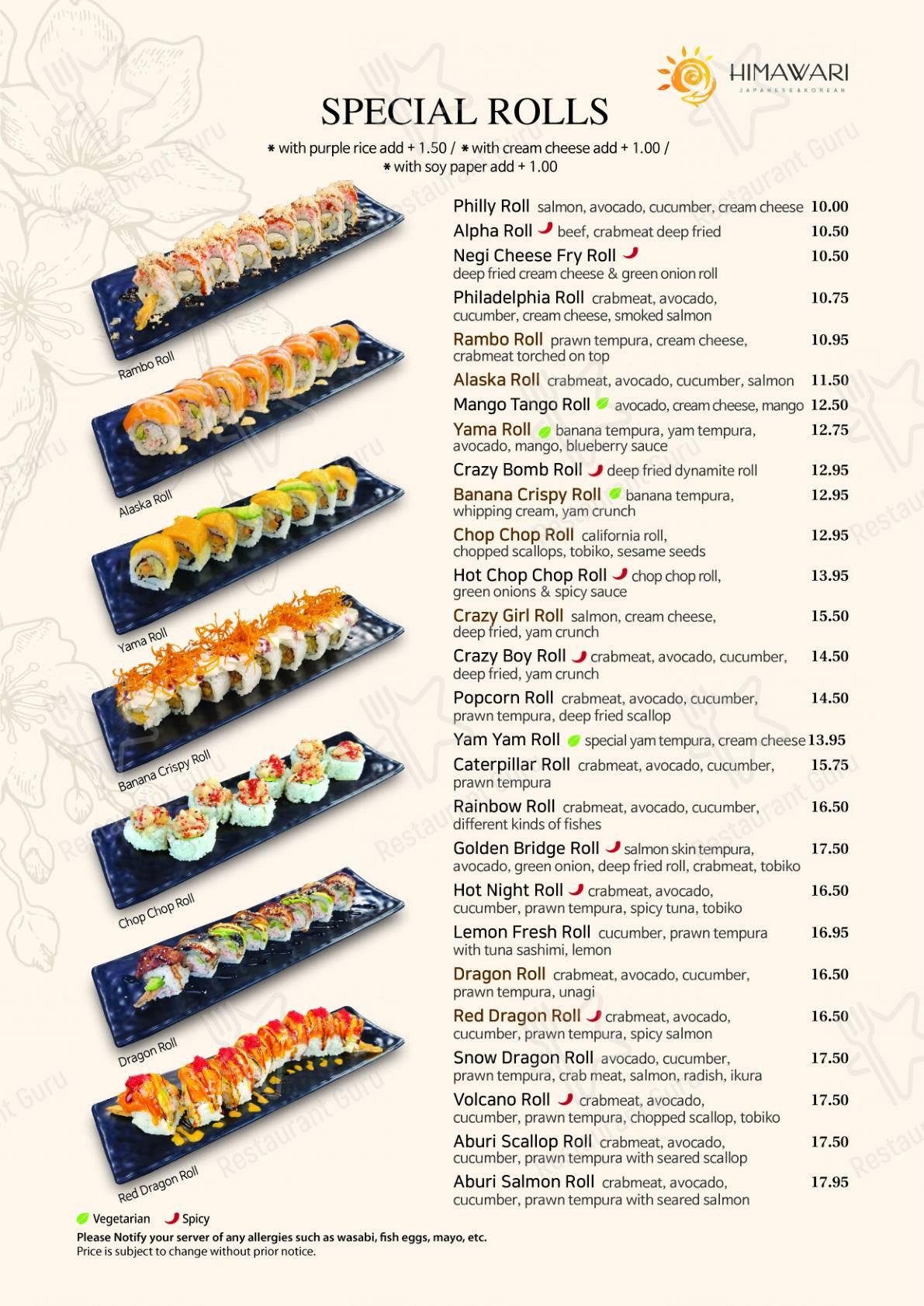 Menu at Himawari Sushi restaurant, Moose Jaw