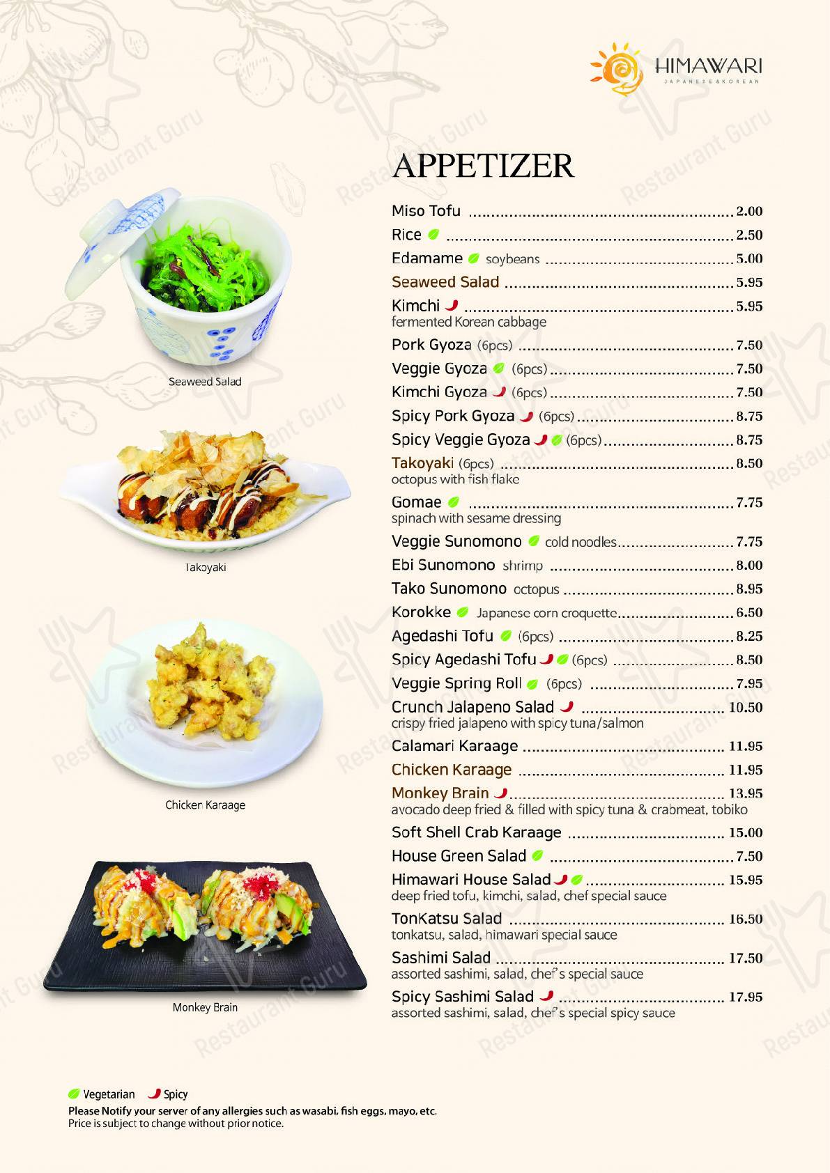 Menu at Himawari Sushi restaurant, Moose Jaw