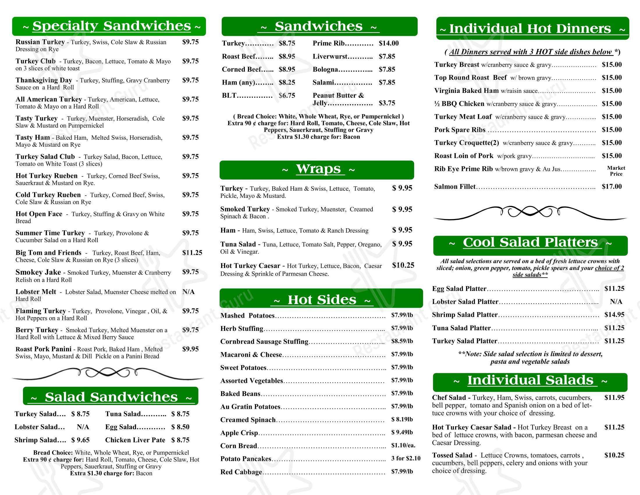 Menu at Hinck's Turkey Farm restaurant, Manasquan, Atlantic Ave