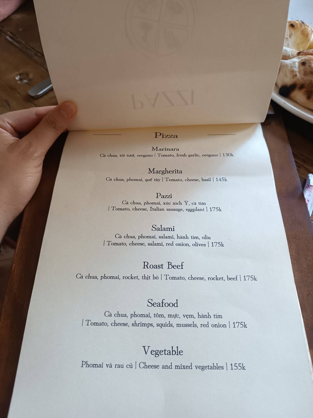 Menu at Pazzi restaurant, Ho Chi Minh City